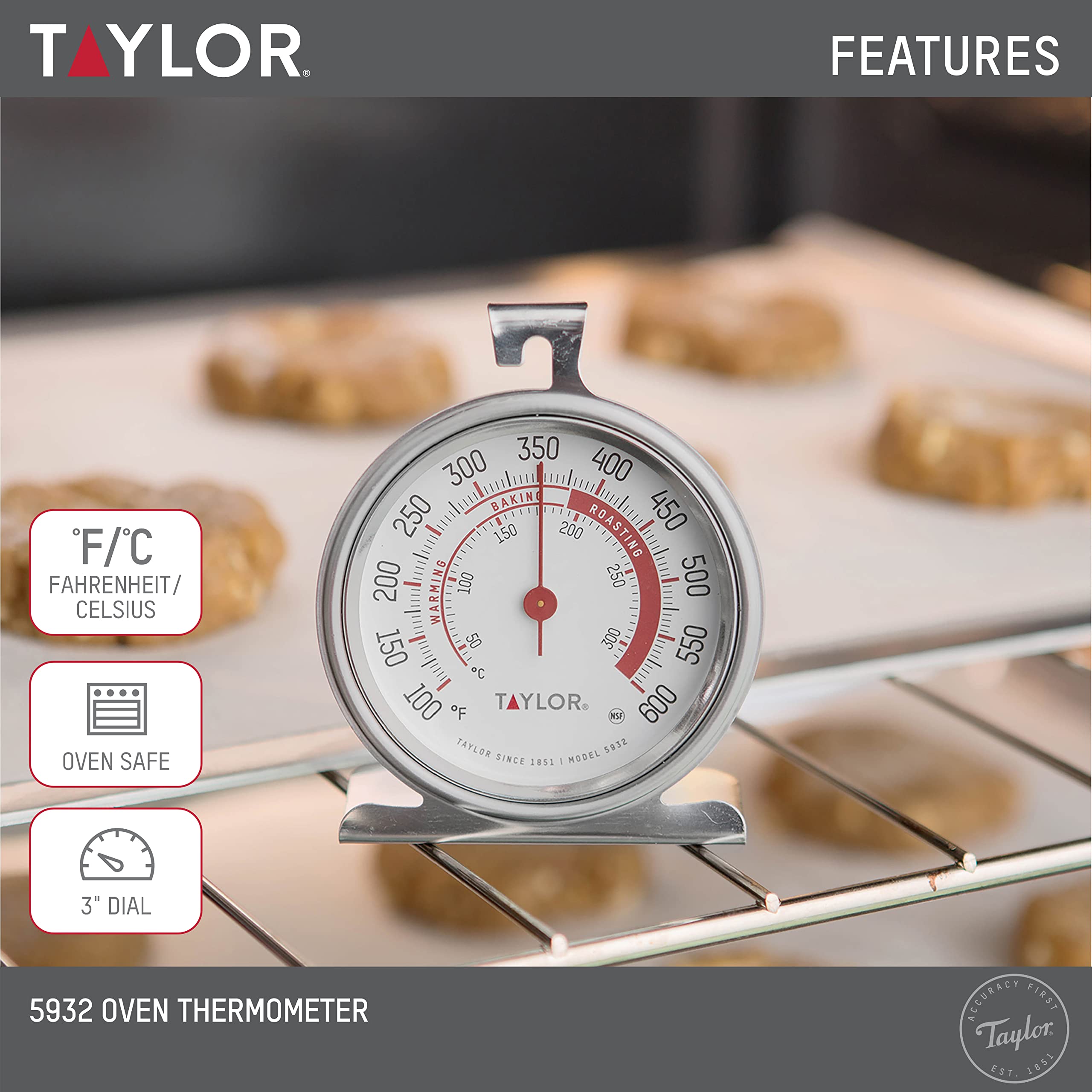 Taylor Precision Products 5932 Large Dial Kitchen Cooking Oven Thermometer, 3.25 Inch Dial, Stainless Steel