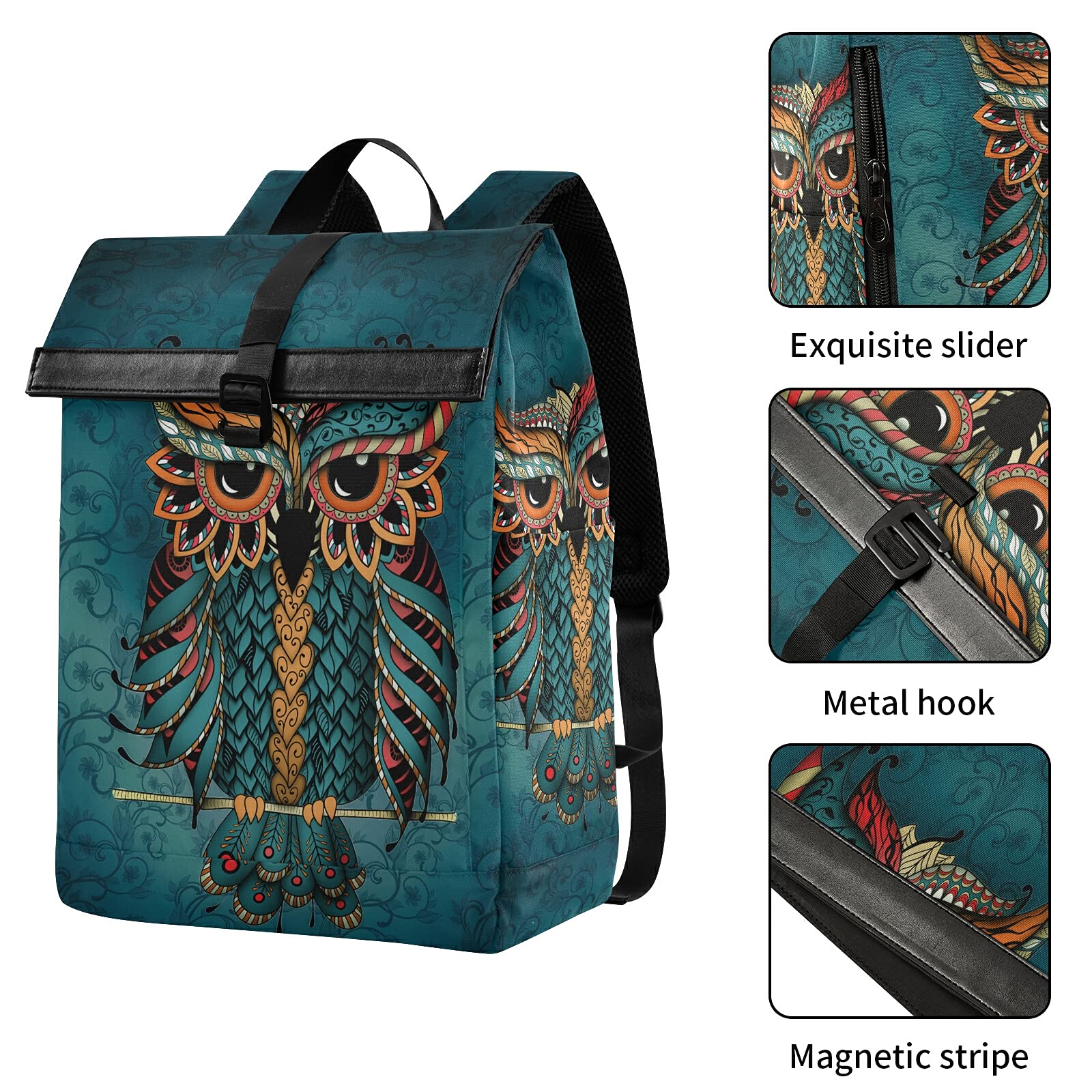 ALAZA Green Owl Print Patrick Boho Ethnic Large Laptop Backpack Purse for Women Men Waterproof Anti Theft Roll Top Backpack, 13 - 17.3 inch