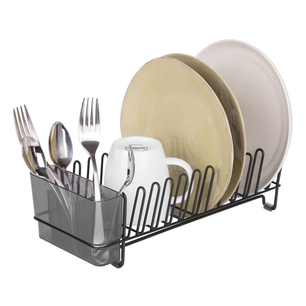 mDesign Compact Modern Metal Dish Drying Rack and Microfiber Mat Set for Kitchen Countertop, Sink - Drain and Dry Wine Glasses, Bowls and Dishes - Removable Cutlery Tray - Set of 2 - Black/Smoke Gray