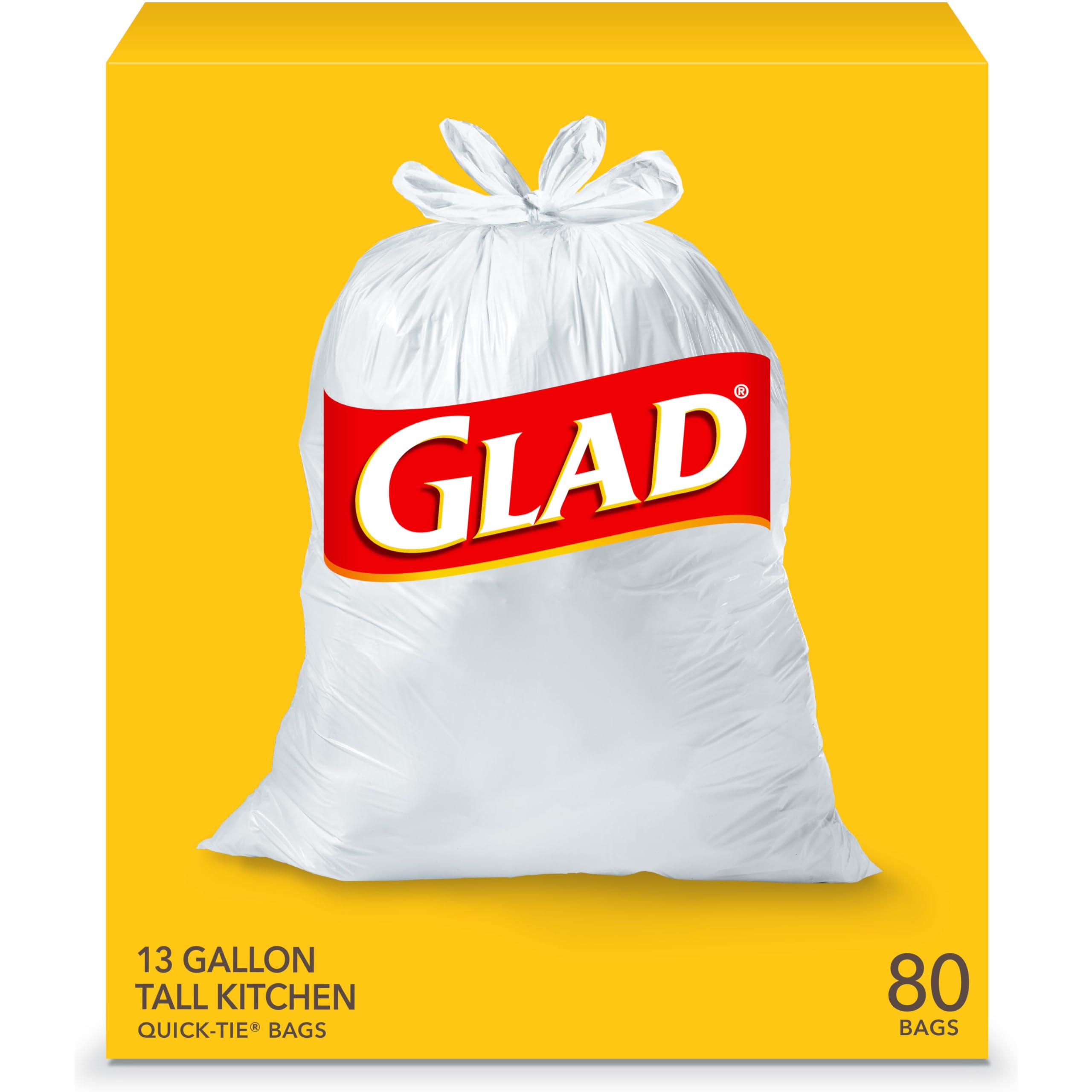 GLAD Tall Quick-Tie Trash Bags, 13 Gallon White Trash Bags for Tall Kitchen Trash Can, 80 Count - Packaging May Vary