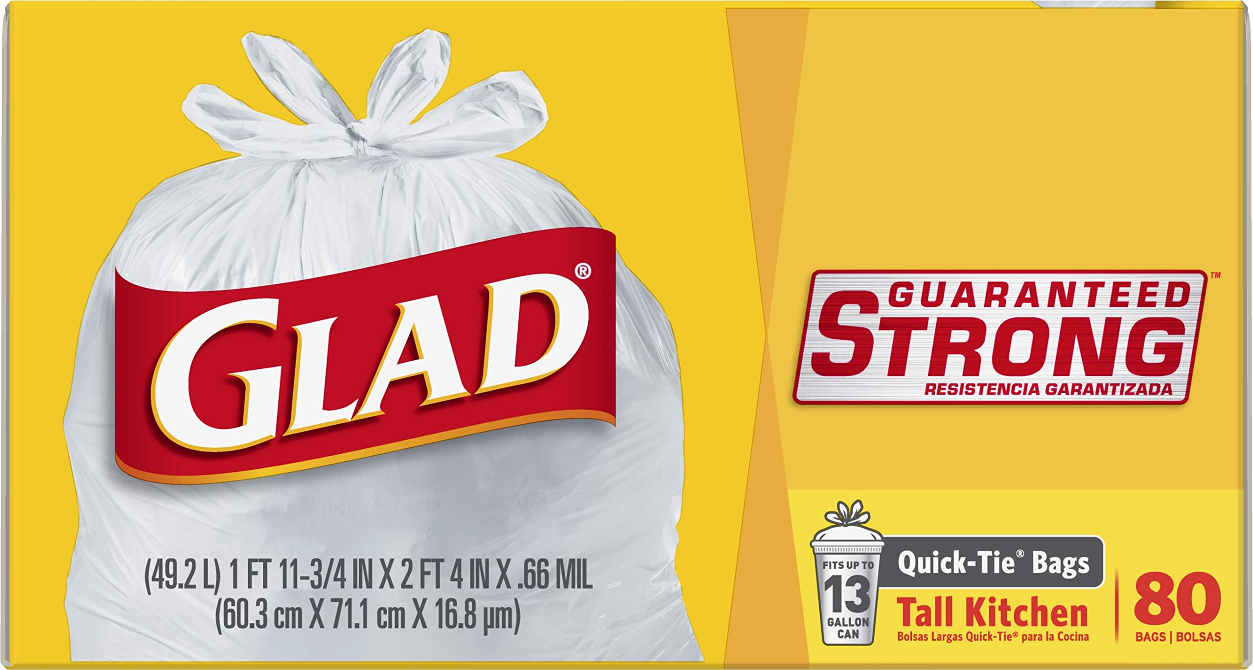 GLAD Tall Quick-Tie Trash Bags, 13 Gallon White Trash Bags for Tall Kitchen Trash Can, 80 Count - Packaging May Vary