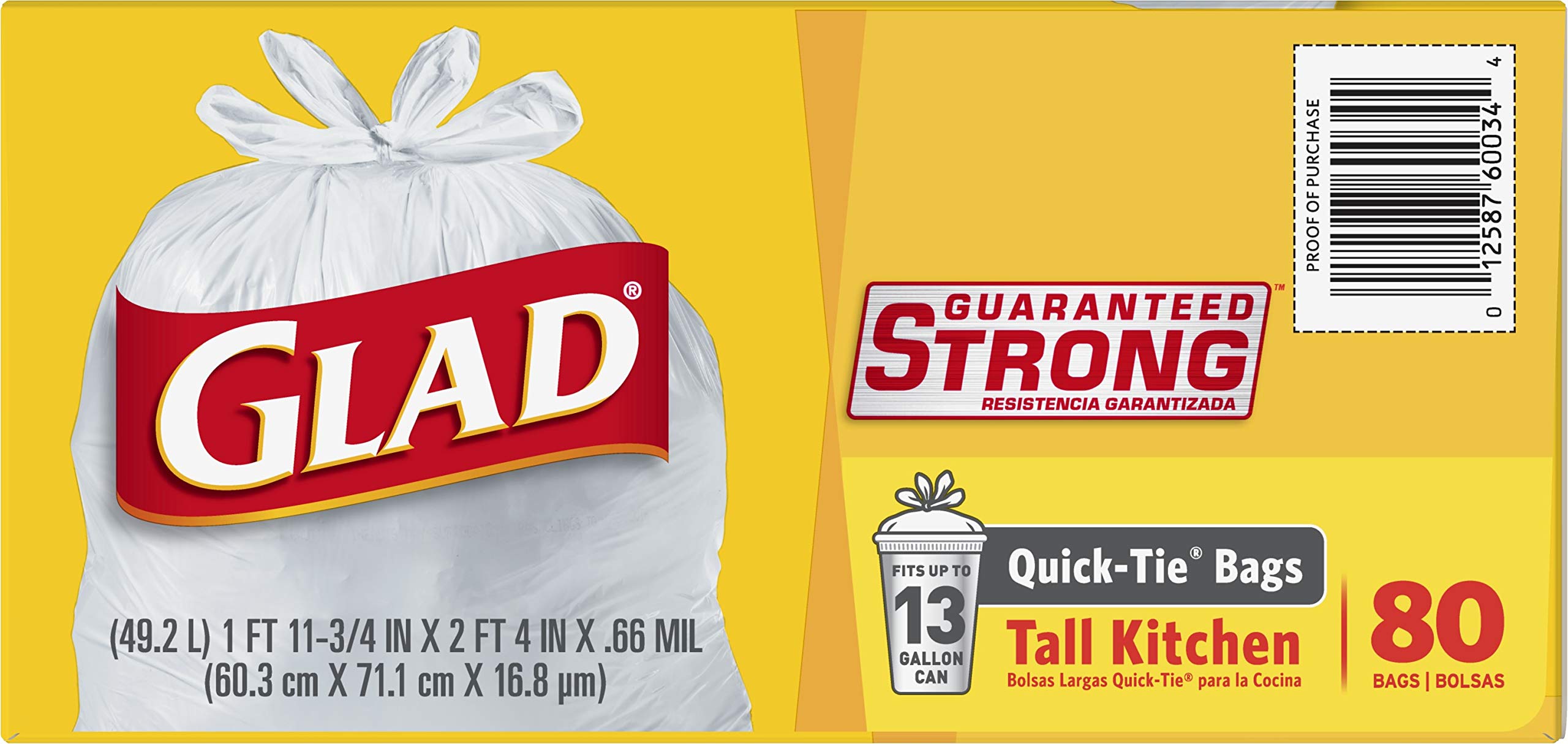 GLAD Tall Quick-Tie Trash Bags, 13 Gallon White Trash Bags for Tall Kitchen Trash Can, 80 Count - Packaging May Vary
