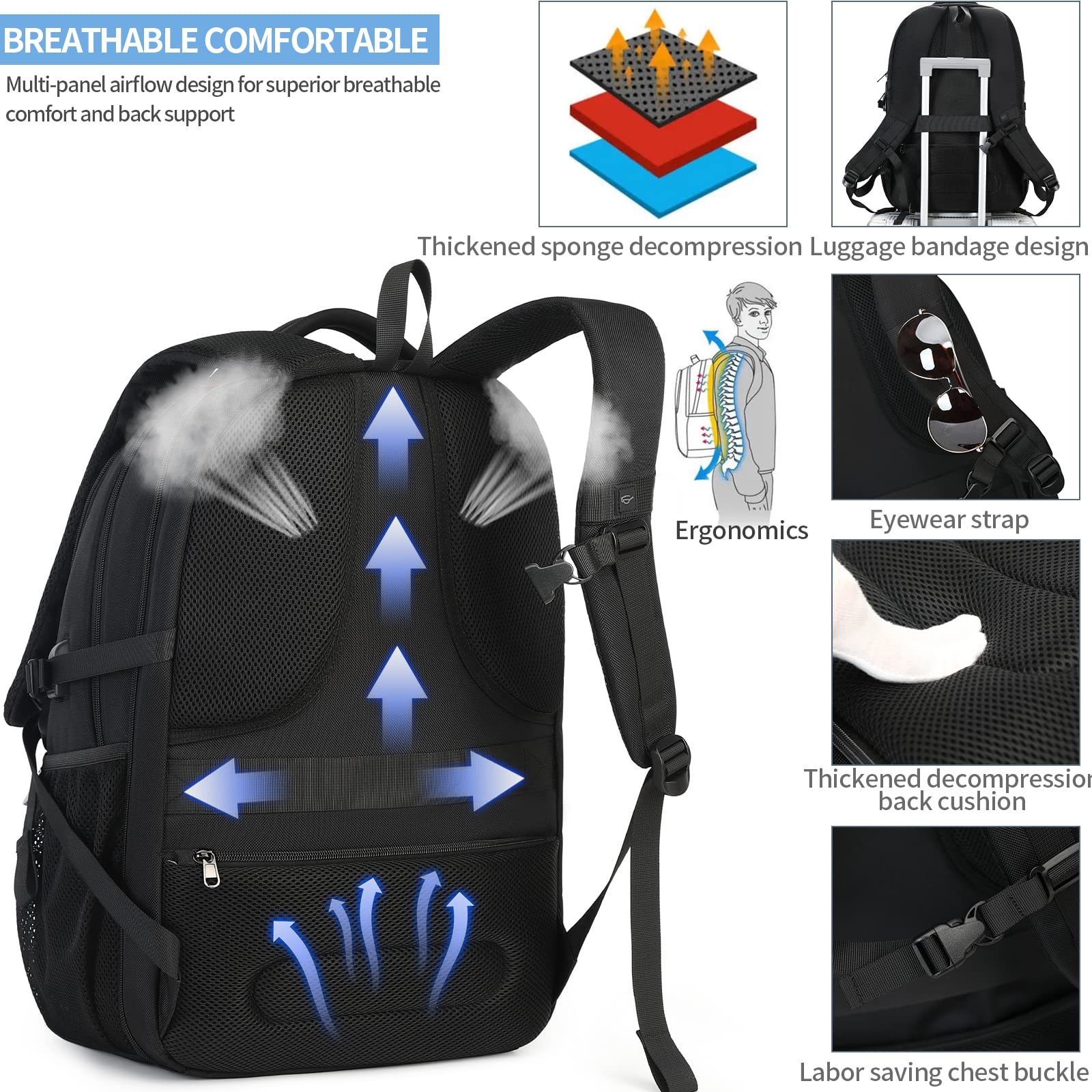 Delgeo 17.3inch Large Travel Backpack For Men and Women ,TSA Business Backpack,1680D Polyester,Black 50L