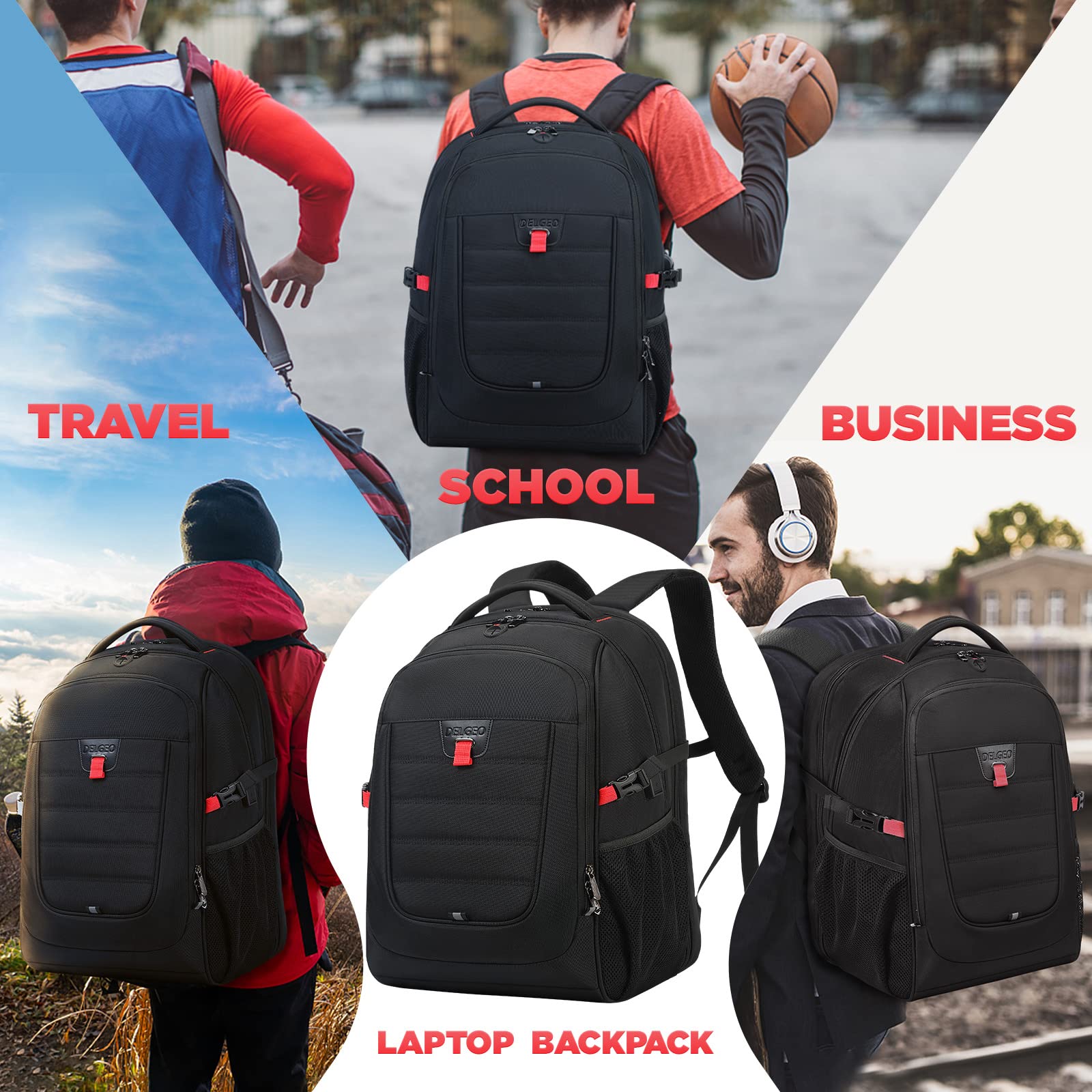 Delgeo 17.3inch Large Travel Backpack For Men and Women ,TSA Business Backpack,1680D Polyester,Black 50L