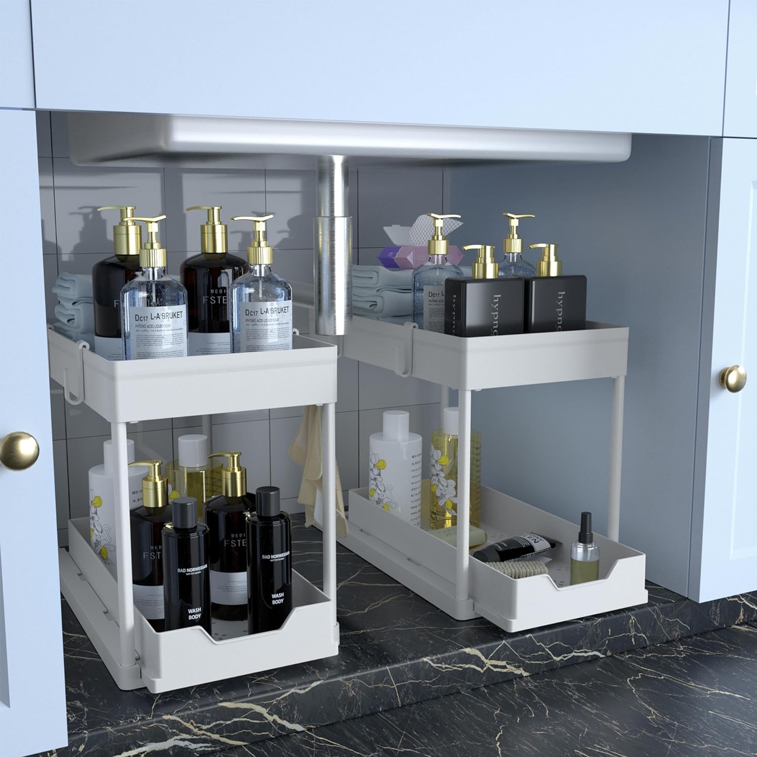 nun 2-Tier Under Sink Kitchen Cabinet Organizer with Sliding Storage Drawer,White,10.23inW x 16.33inD x 15.94inH