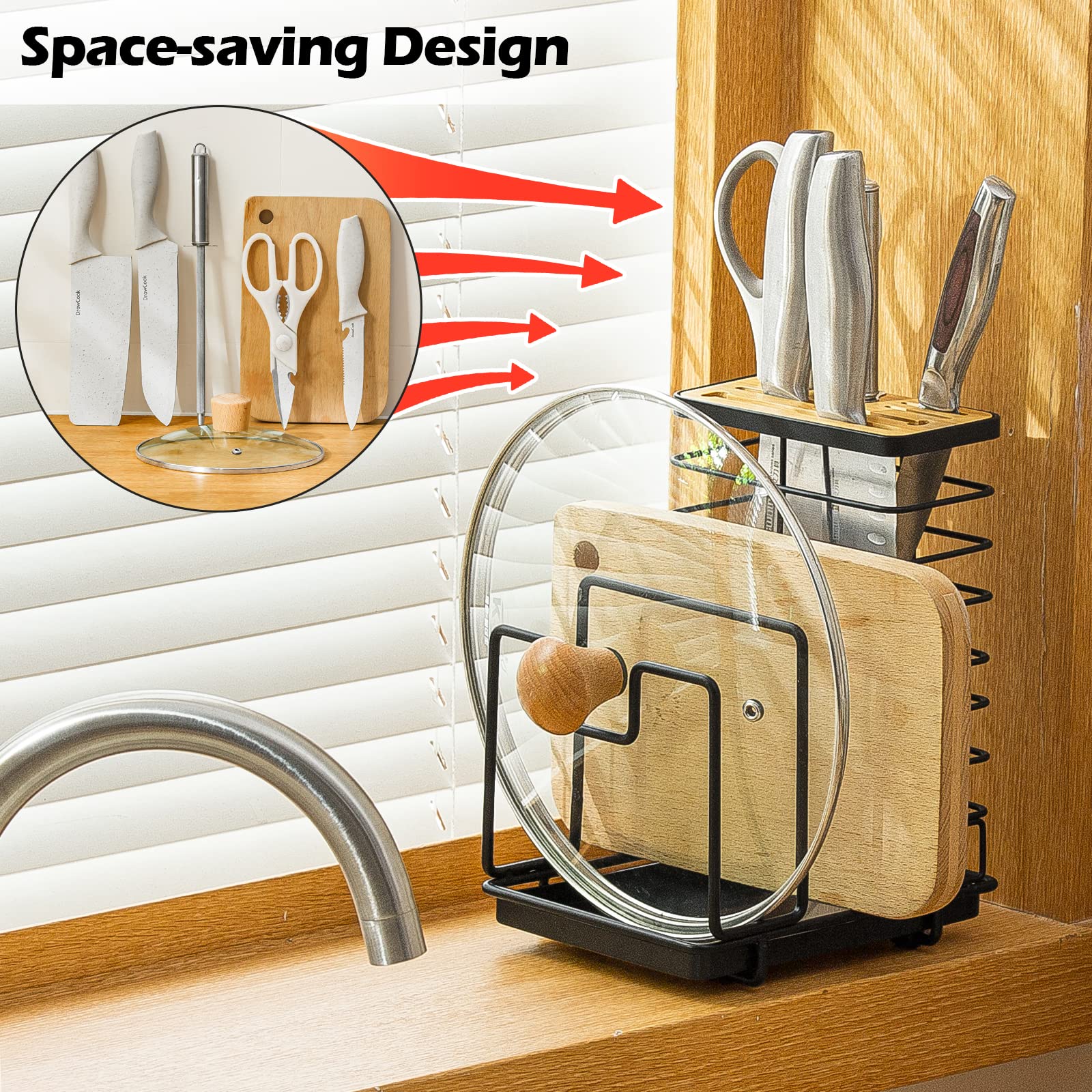 Poeland Cutting Boards Knife Organizer, 3 in 1 Kitchen Organizer Rack, Kitchen Utensils Rack Chopping Boards/Knives/Pot Pan Lid Storage with Drip Tray, Black