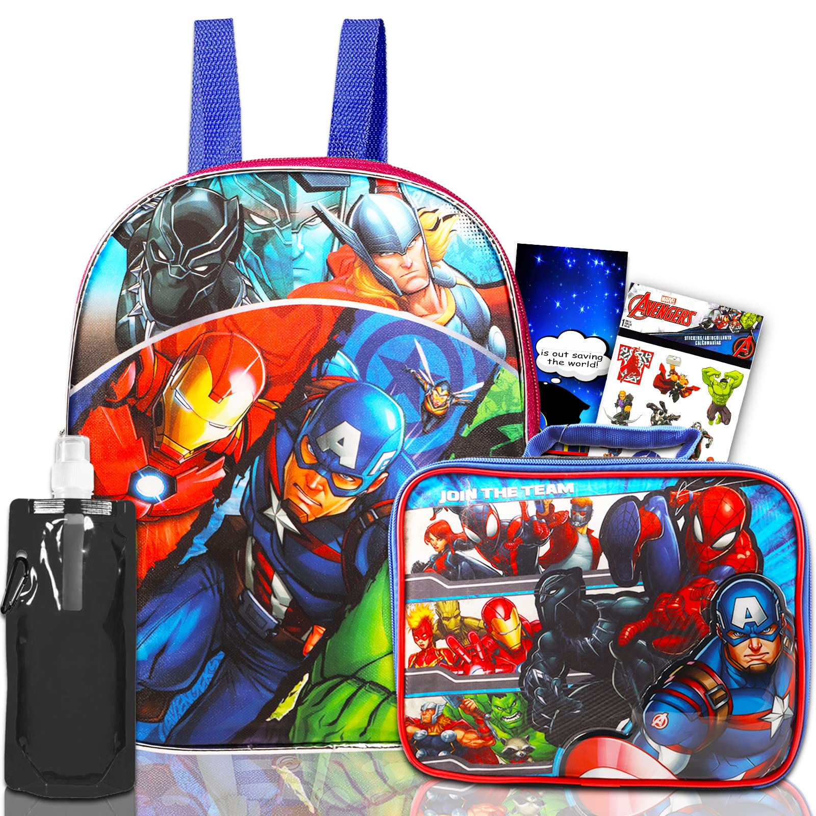 Marvel Avengers Mini Backpack with Lunch Box Set - Bundle with 11" Avengers Backpack, Marvel Lunch Bag, Water Bottle, Stickers, More | Avengers Backpack for Toddlers