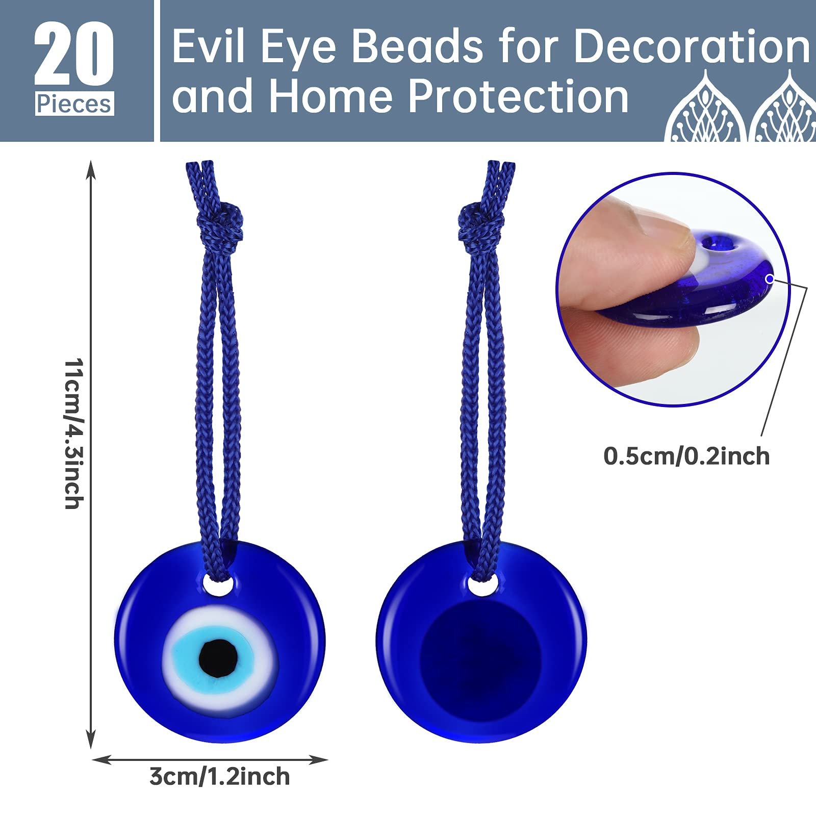 20 Pieces Turkish Blue Evil Eye Beads Charms Pendants Crafting Glass Beads Wall Hanging Ornament with Ropes for Jewelry Accessories Home Craft Decoration (Round)