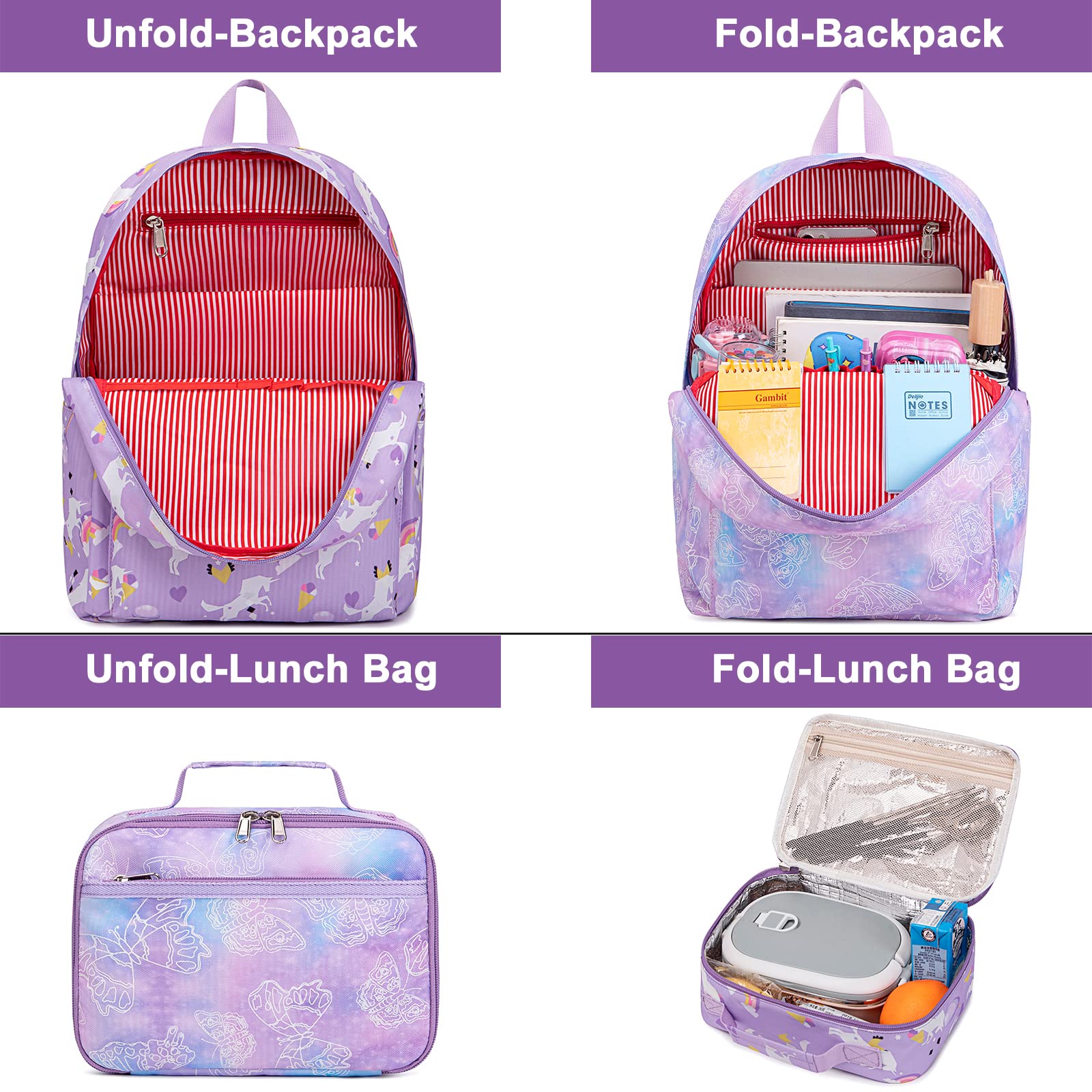 CAMTOP Kids Backpack for Girls Luminous School Bookbag with Lunch Box Set for Preschool Kindergarten Elementary (Butterfly Schoolbag)