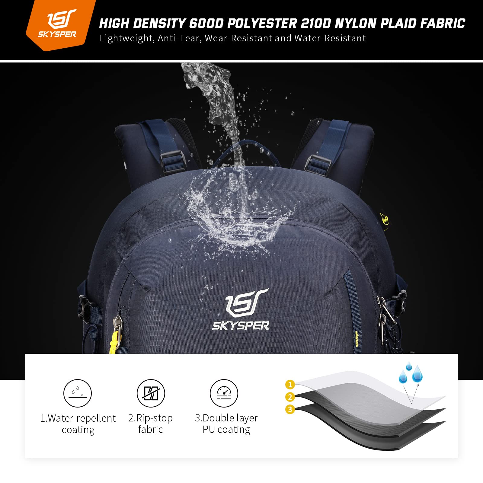 SKYSPER Waterproof Hiking Backpack for Men Women with Rain Cover - 40L Lightweight Camping Back Pack Outdoor Travel Daypack