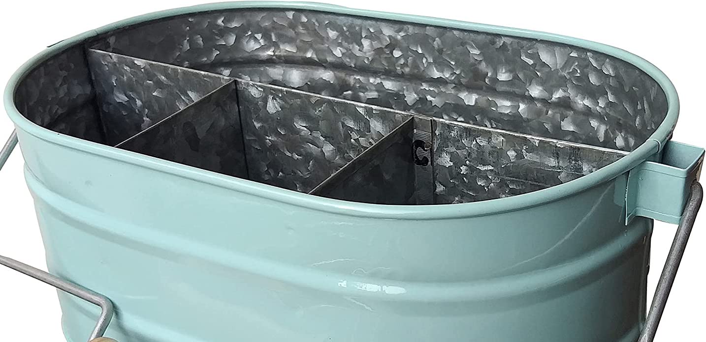 Homebia Designs Galvanized Metal Caddy with 4 Compartments, Rustic Farmhouse Kitchen Indoor Outdoor Picnic Utensil Holder, Multipurpose Storage Bin, Metal Garden Planters - 12 Inch - Aqua