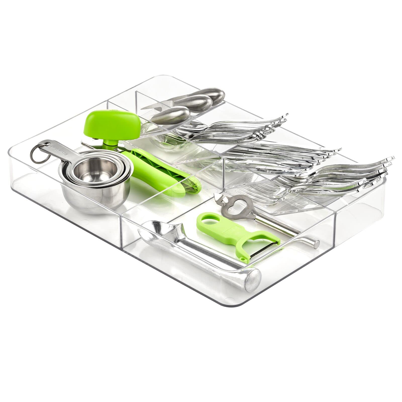 mDesign Modern Plastic Kitchen In-Drawer Cutlery and Utensil Organizer Tray Box for Kitchen Drawers/Pantry - Holds Knives, Spoons, Forks in Angled Compartments - 7 Sections - Clear