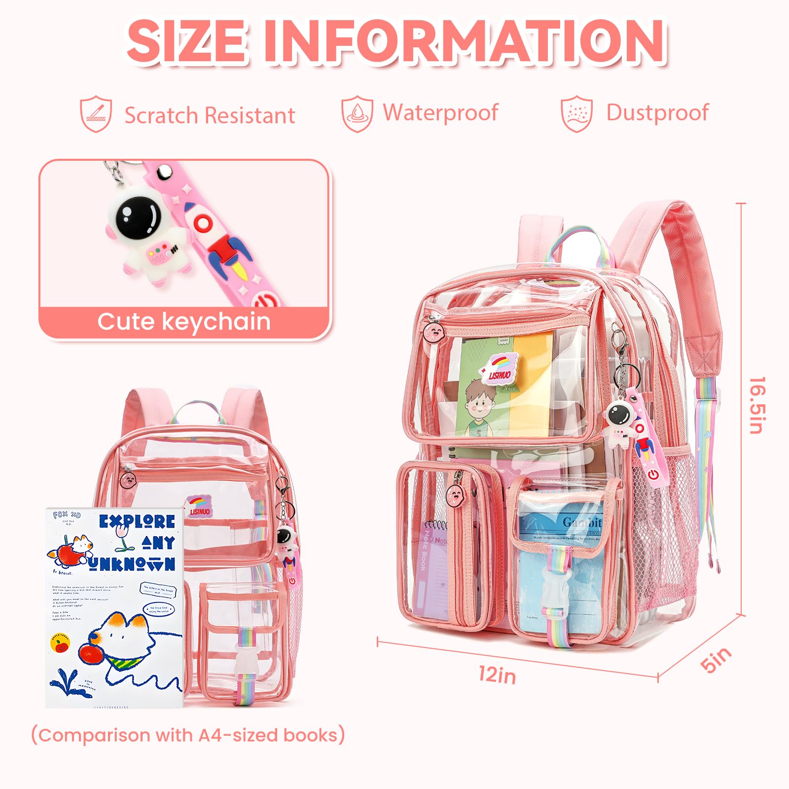 LISINUO Clear Backpack Girl Transparene Backpacks See Through Book Bag for Women Heavy Duty Pvc Mesh Bag Cute Girls Bookbags (Pink)