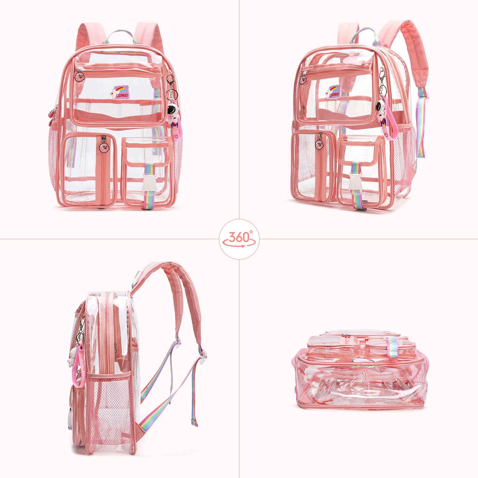 LISINUO Clear Backpack Girl Transparene Backpacks See Through Book Bag for Women Heavy Duty Pvc Mesh Bag Cute Girls Bookbags (Pink)