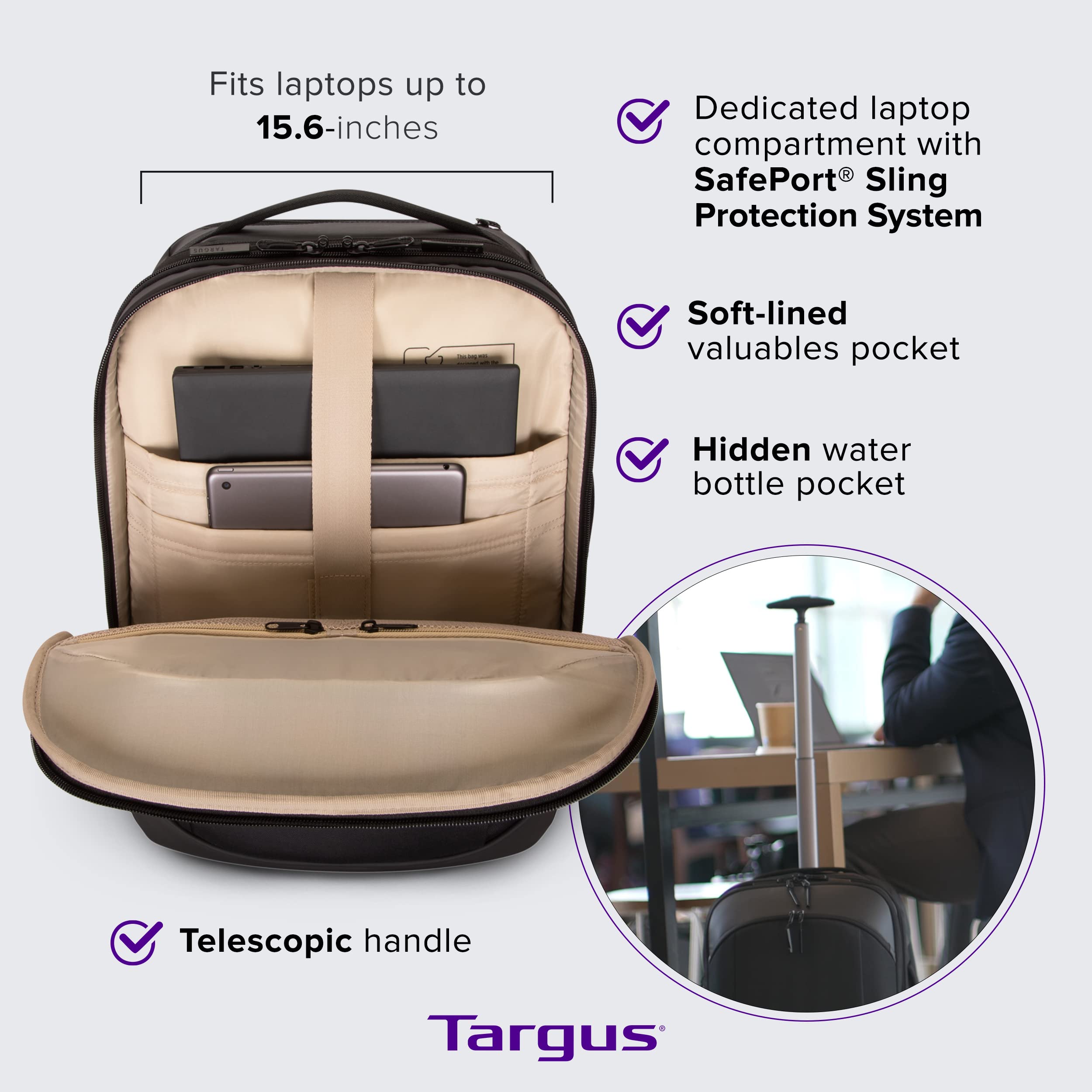 Targus 15.6" Mobile Tech Traveler EcoSmart Rolling Backpack, Made from Recycled Bottles, TSA Friendly, 35-40L Cap (TBR040GL)
