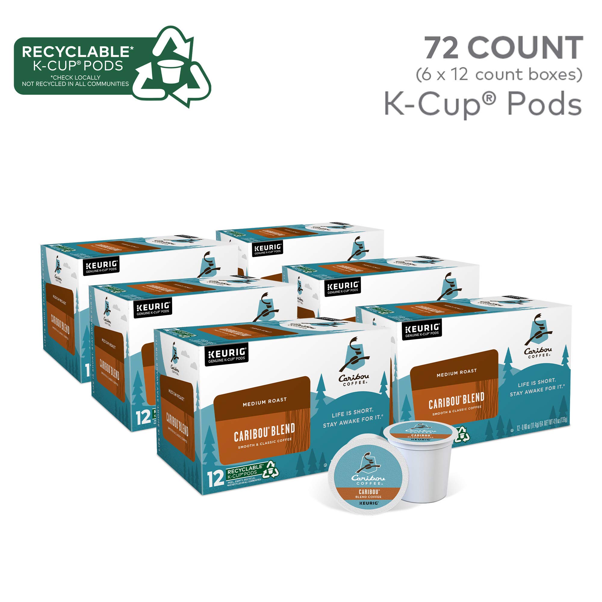 Caribou Coffee Caribou Blend, Single-Serve Keurig K-Cup Pods, Medium Roast Coffee, 12 Count (Pack of 6)