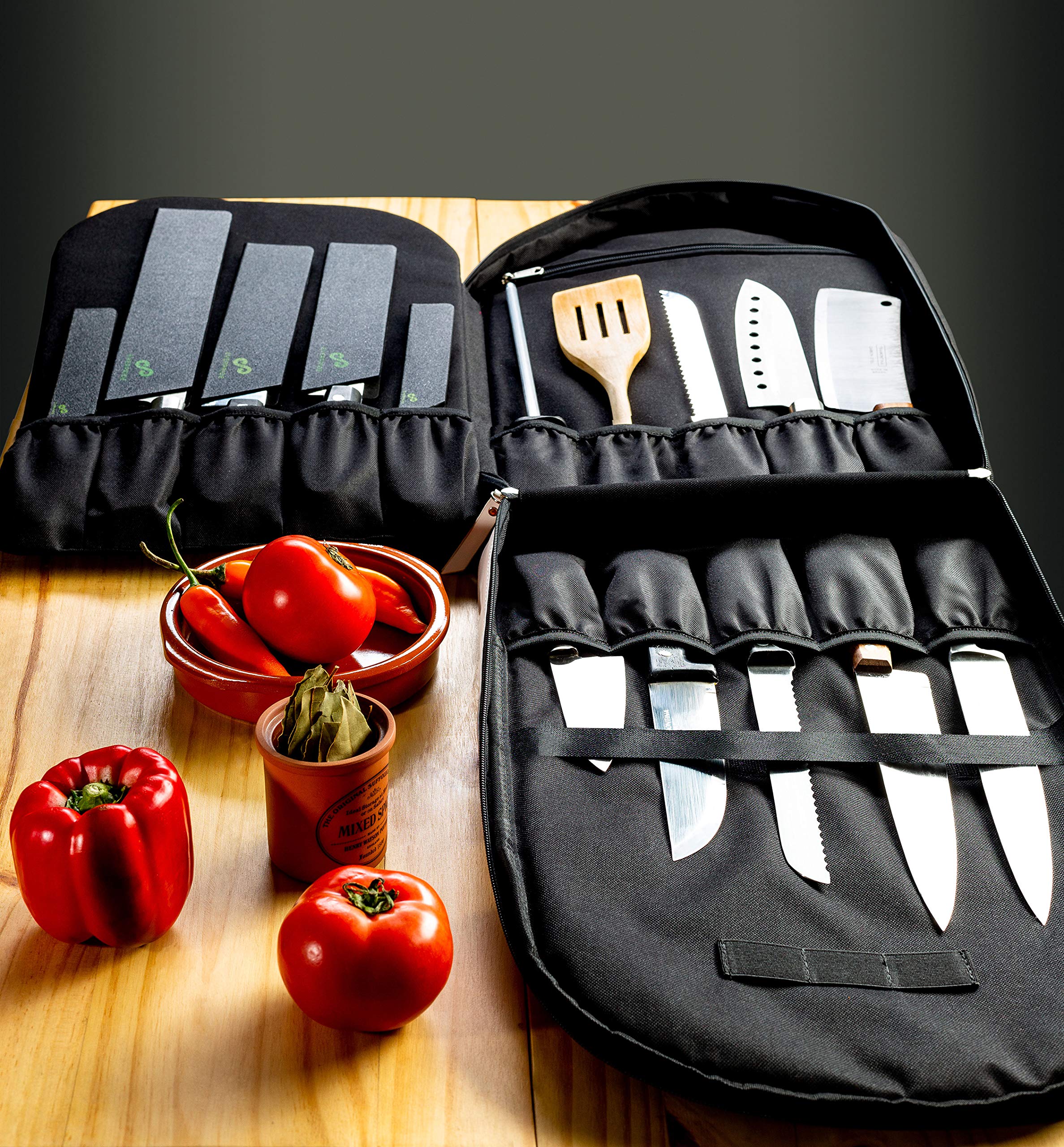 EVERPRIDE Chef Knife Bag (19 Slots) Holds 15 Knives PLUS 4 Zipper Compartments for Cooking Tools, Tablets and More - Lightweight Backpack for Chefs and Culinary School Students (Bag Only)