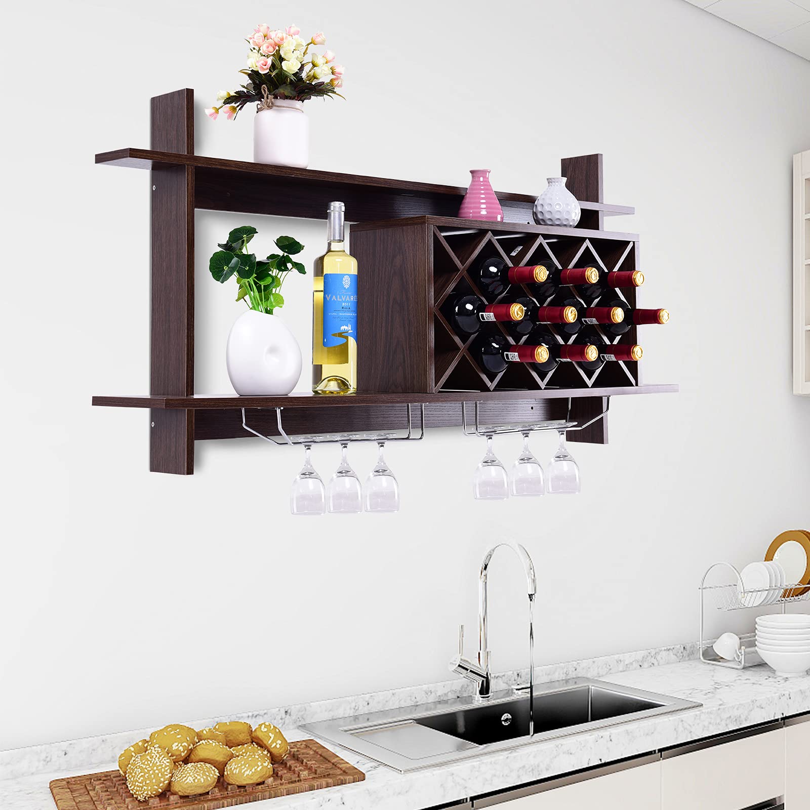 Giantex Wall Mounted Wine Rack Organizer W/Metal Glass Holder & Multifunctional Storage Shelf Modern Diamond-Shaped Wood Wine Server for 10 Bottles Wine Storage Display Rack (Black Walnut)