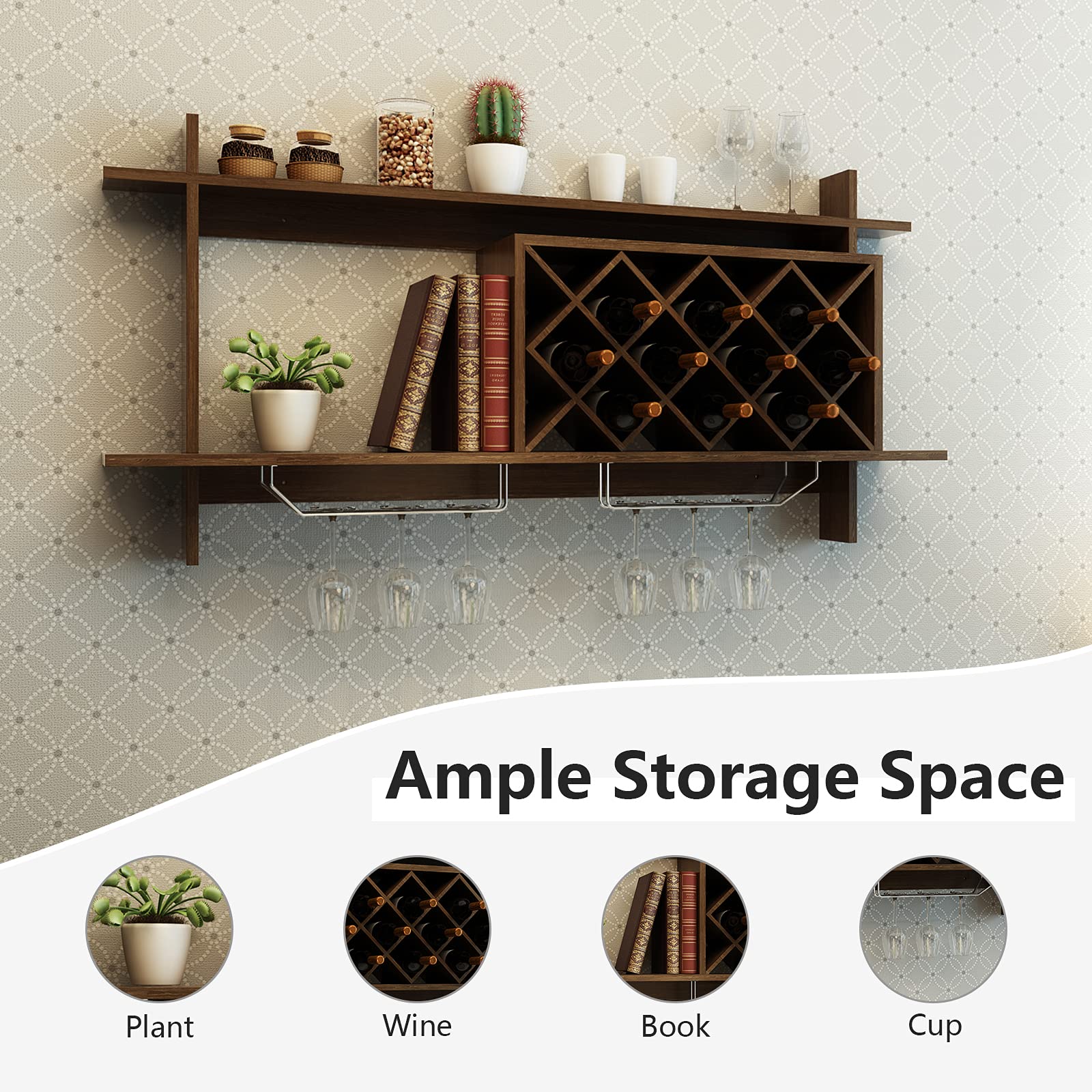 Giantex Wall Mounted Wine Rack Organizer W/Metal Glass Holder & Multifunctional Storage Shelf Modern Diamond-Shaped Wood Wine Server for 10 Bottles Wine Storage Display Rack (Black Walnut)