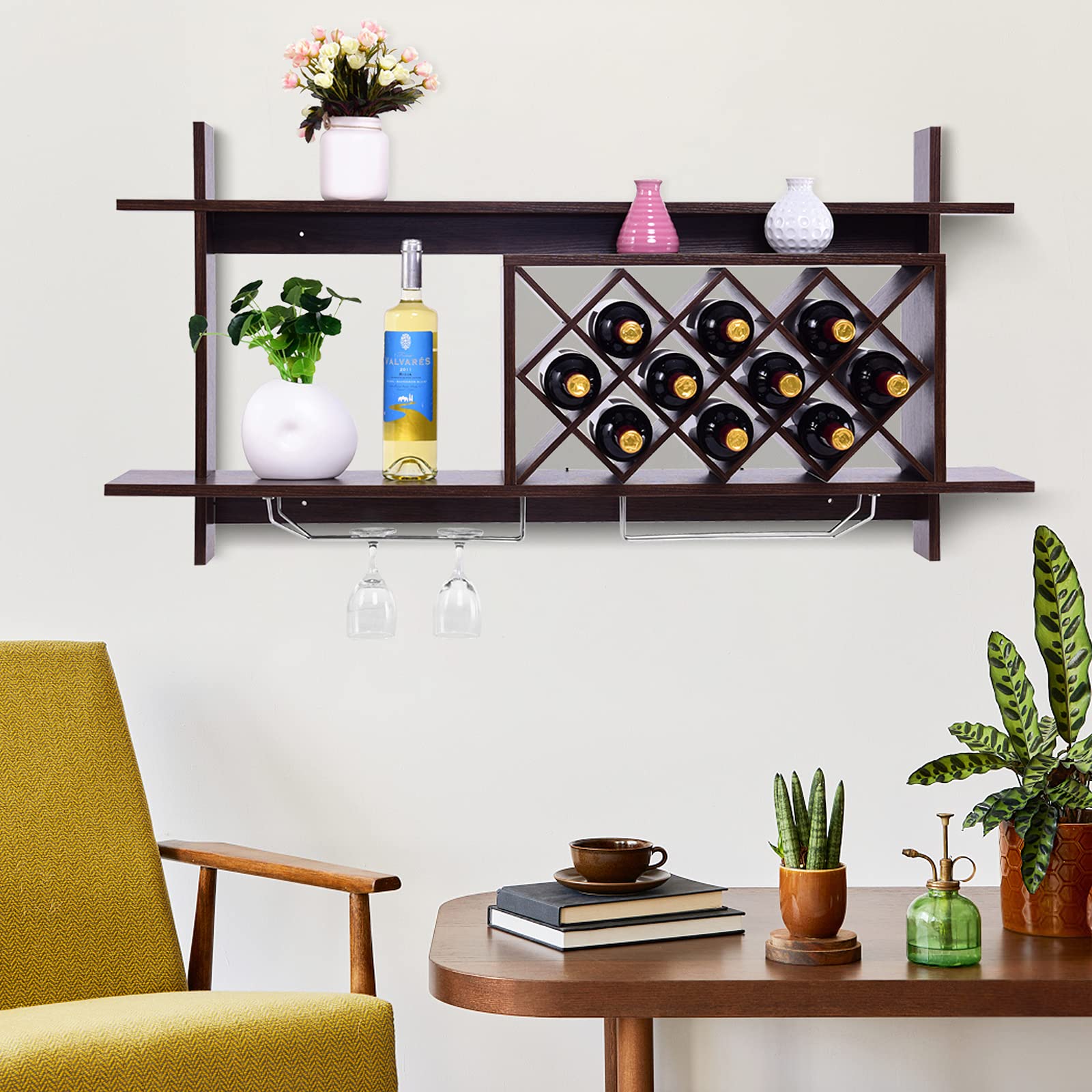Giantex Wall Mounted Wine Rack Organizer W/Metal Glass Holder & Multifunctional Storage Shelf Modern Diamond-Shaped Wood Wine Server for 10 Bottles Wine Storage Display Rack (Black Walnut)