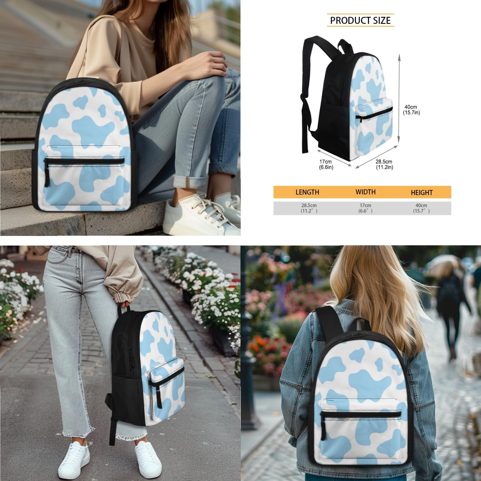 GIFTPUZZ Blue Cow Print Backpacks for Girls Boys Book Bag Back Packs with Lunch Box Pencil Case Drawstring Bag Keychain Teens Schoolbags Back Packs Satchel for Travel Daypack