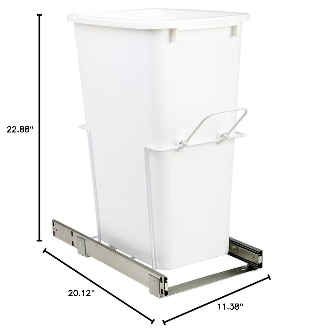 Knape & Vogt White 11.375 in. x 20.125 in. x 22.875 in. 50 Qt. in-Cabinet Single Soft-Close Bottom-Mount Pull-Out Trash Can
