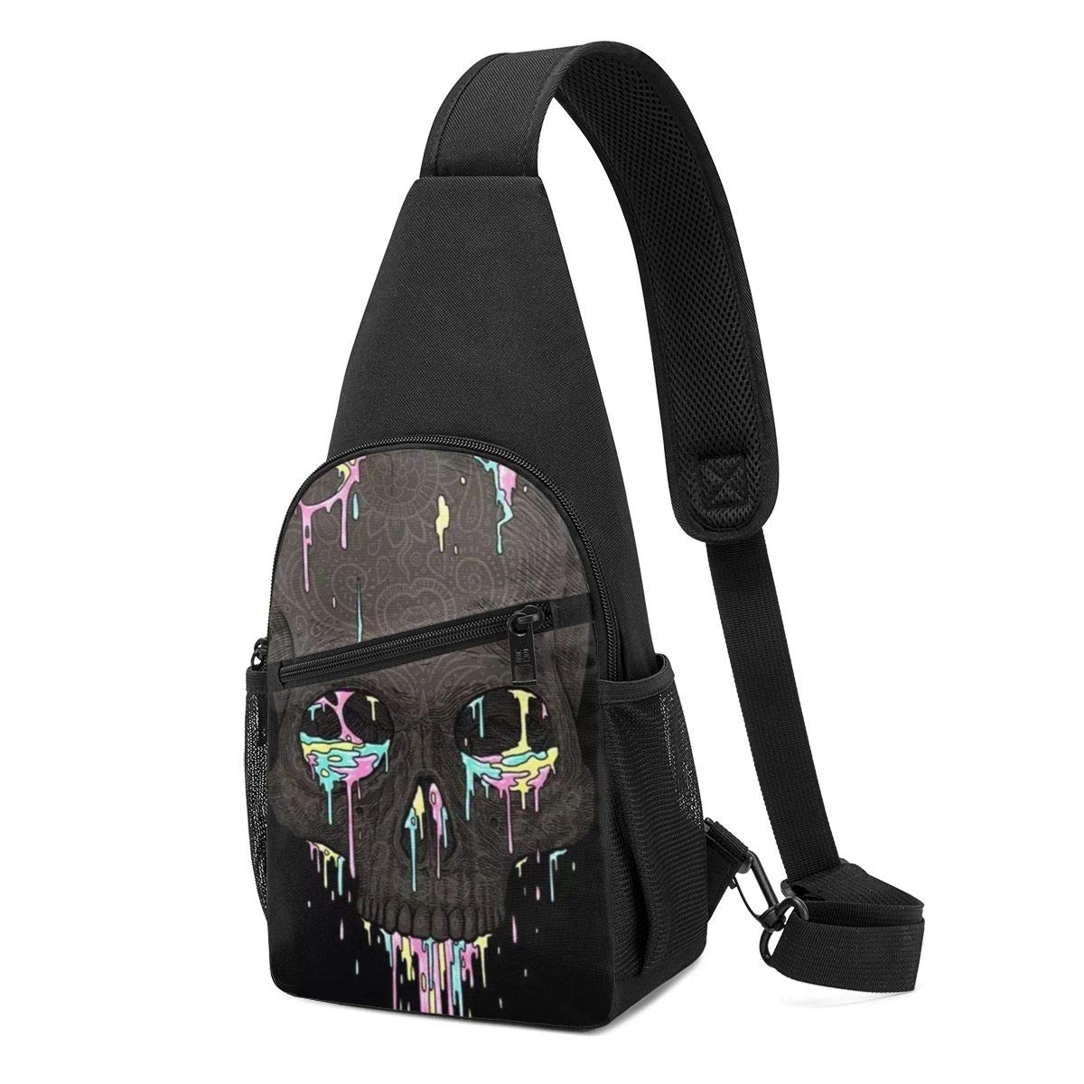 Sugar Skull and Flowers Printed Sling Backpack,Travel Hiking Shoulder Bag Men's Casual Chest Bag