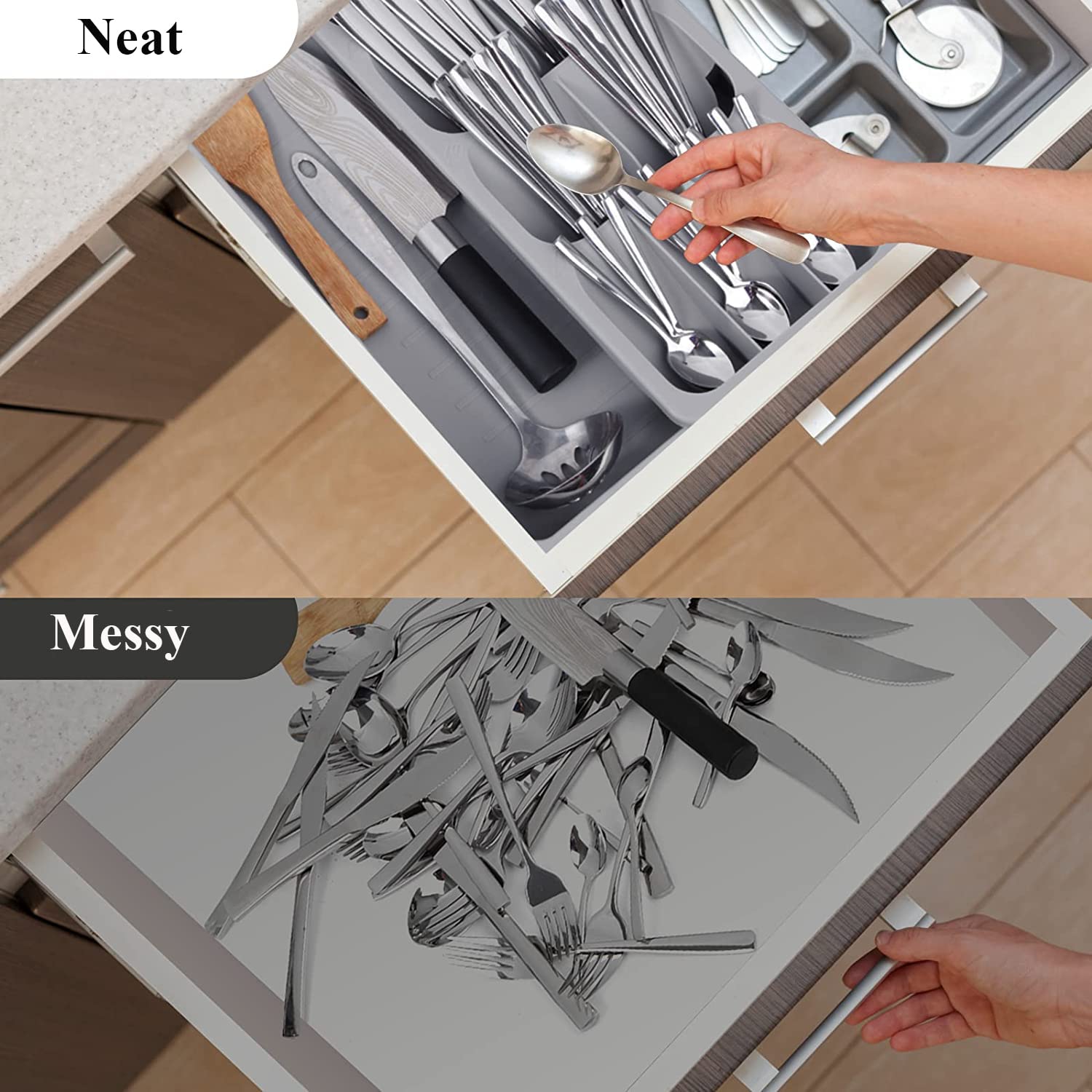JMSWENJUAN Kitchen Drawer Organizer Tray - Expandable Cutlery Organizer for Flatware Silverware Gadgets