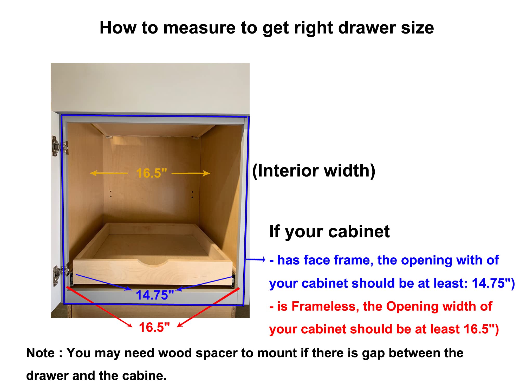 CabinetRTA Soft Close Assembled Ready Slide Out Cabinet Shelf Pull-Out Wood Drawer Storage 16.5"(W) x 21.25"(D) X 4"(H), Soft-Close Rail with Spacer(4 steps to install)