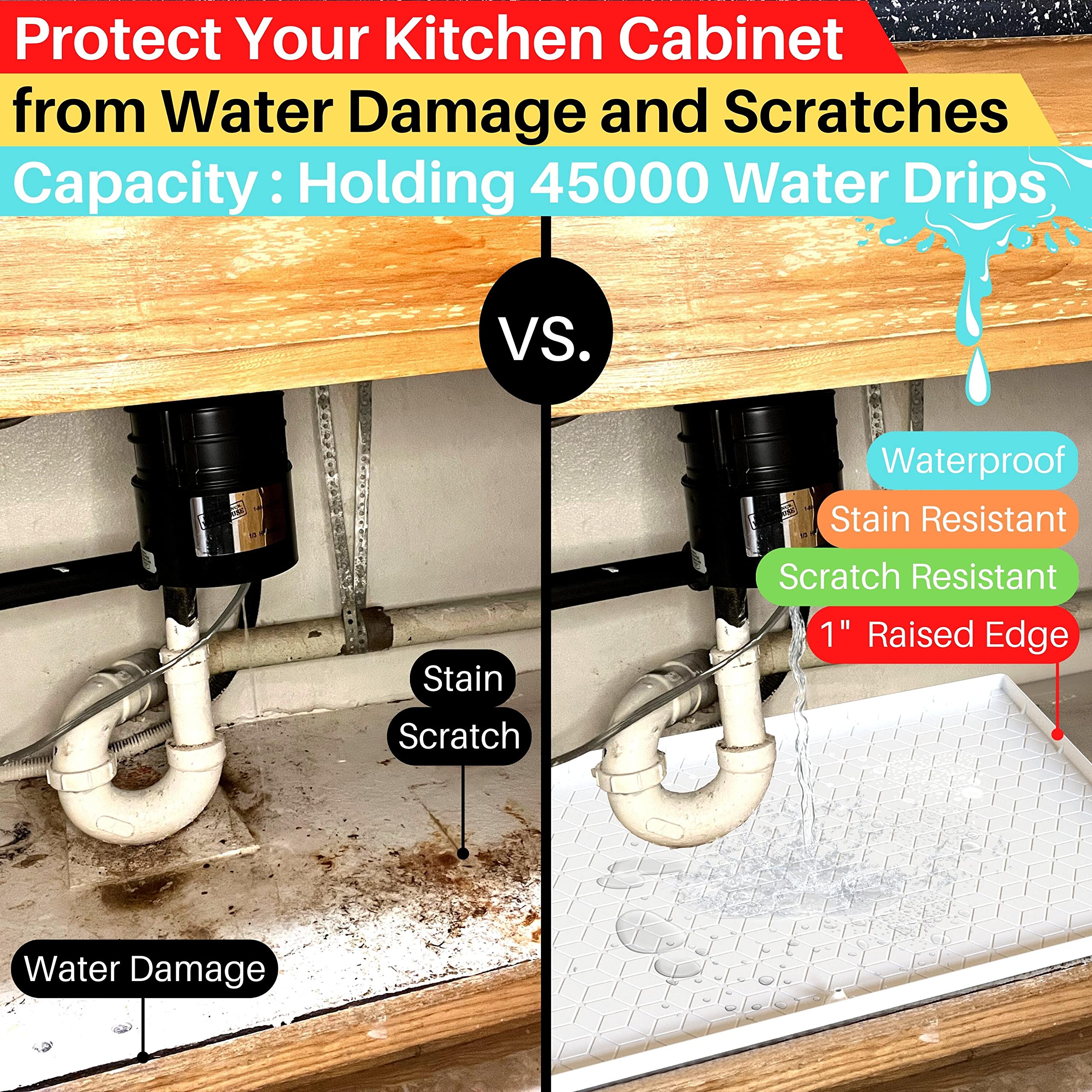 maryha Under Sink Mat for Kitchen Cabinet - Waterproof Silicone Proctor Tray for Leaks, Drips, Spills - Flexible Shelf Liner with Raised Edge and Drain Hole for Kitchen, Bathroom - 34" x 22" White