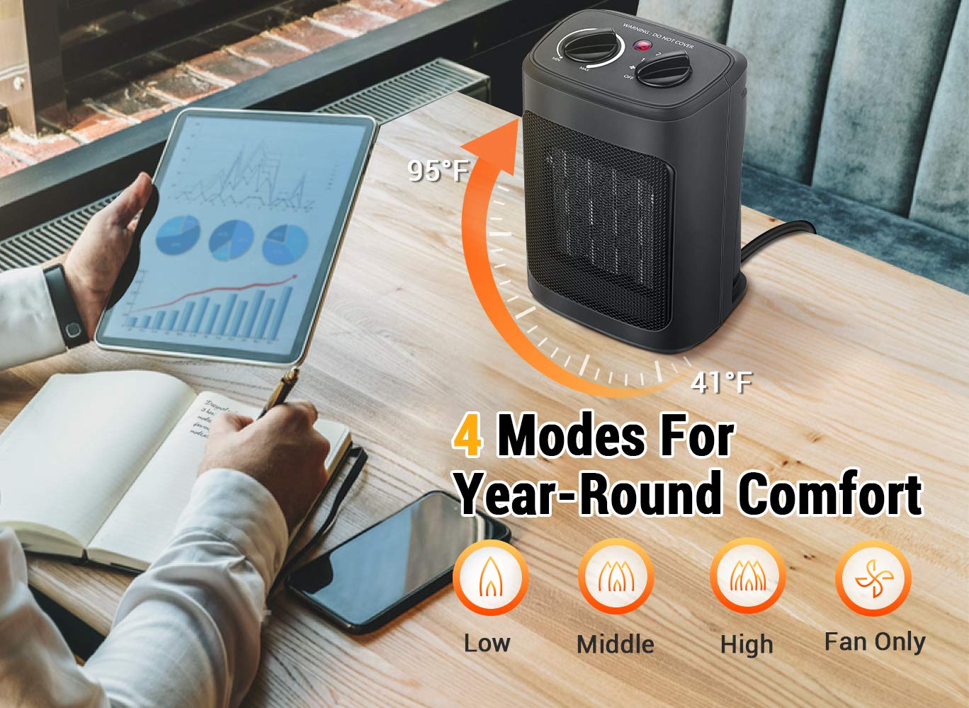 Space Heater, 1500W Electric Heaters Indoor Portable with Thermostat , PTC Fast Heating Ceramic Room Small Heater with Heating and Fan Modes for Bedroom, Office and Indoor Use
