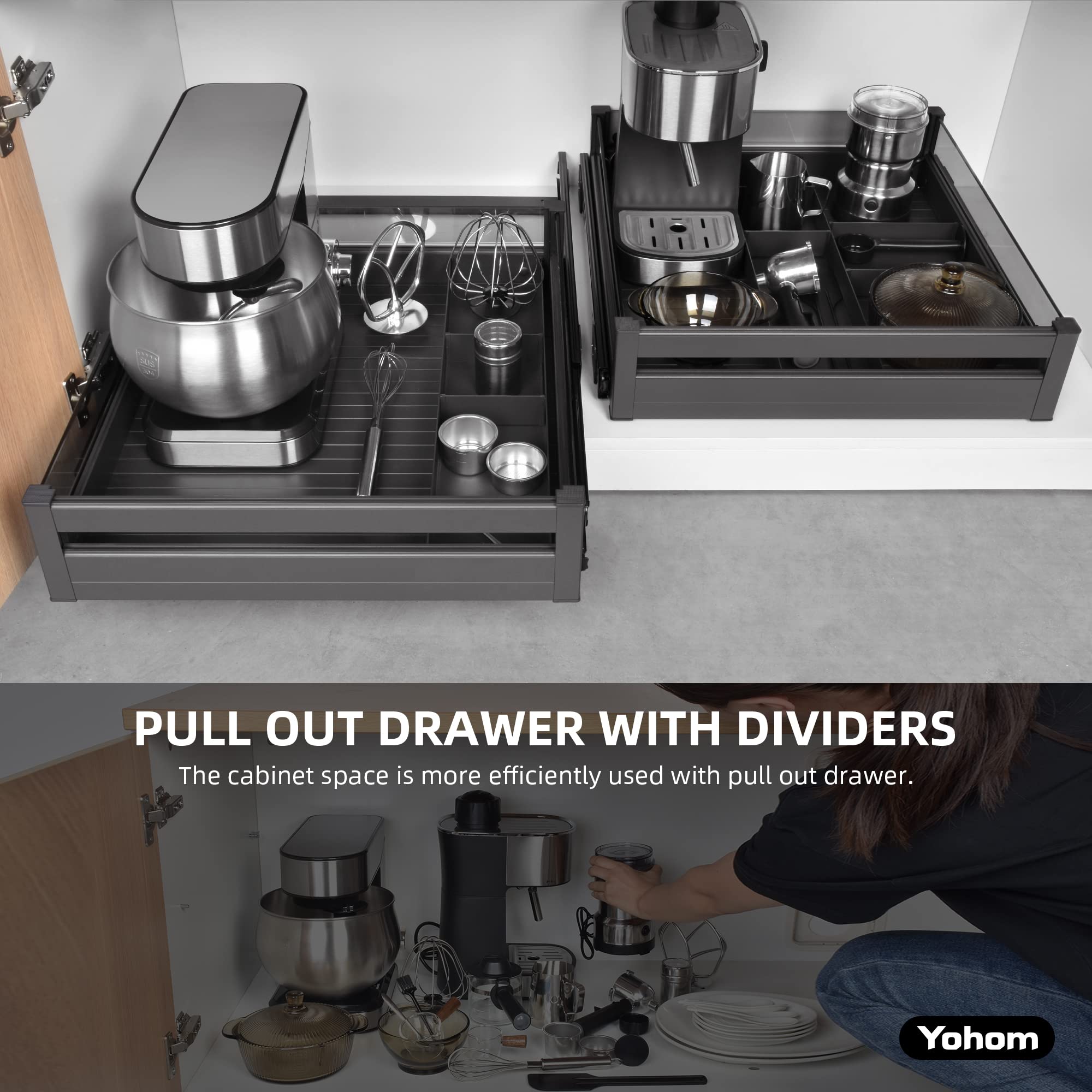 YOHOM Pull Out Cabinet Organizer Sliding Shelf for Kitchen Slide Out Pantry Drawer Full Extension Under Sink Roll Out Tray with Dividers 20" W x 21" D