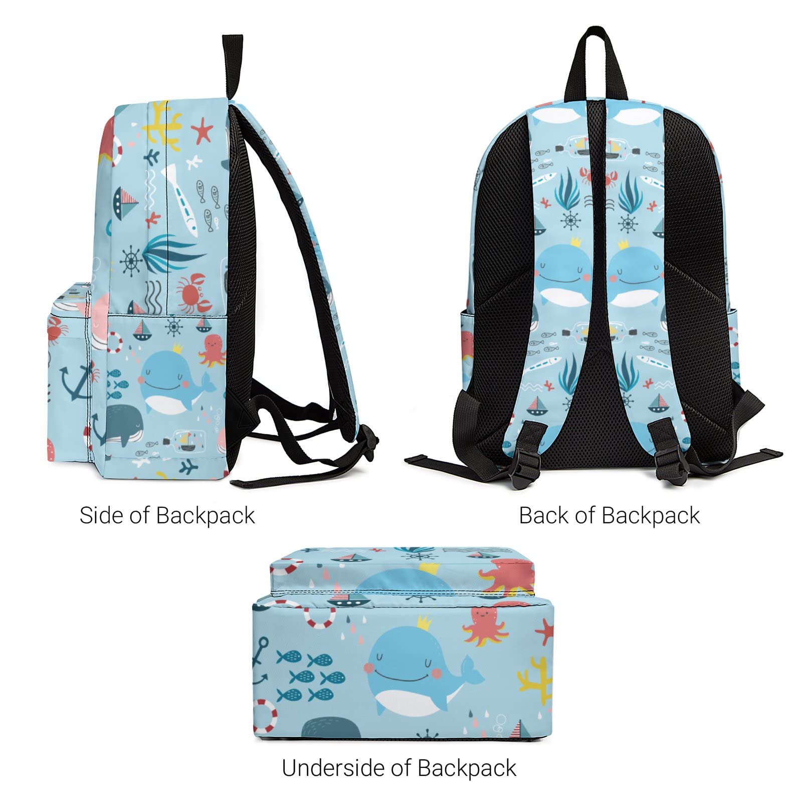Big Kids School Backpack with Cute Whale Patterned, Classic Lightweight School Bookbags Durable Casual Daypack 17 IN for Middle High School College Students with 15-Inch Laptop Compartment