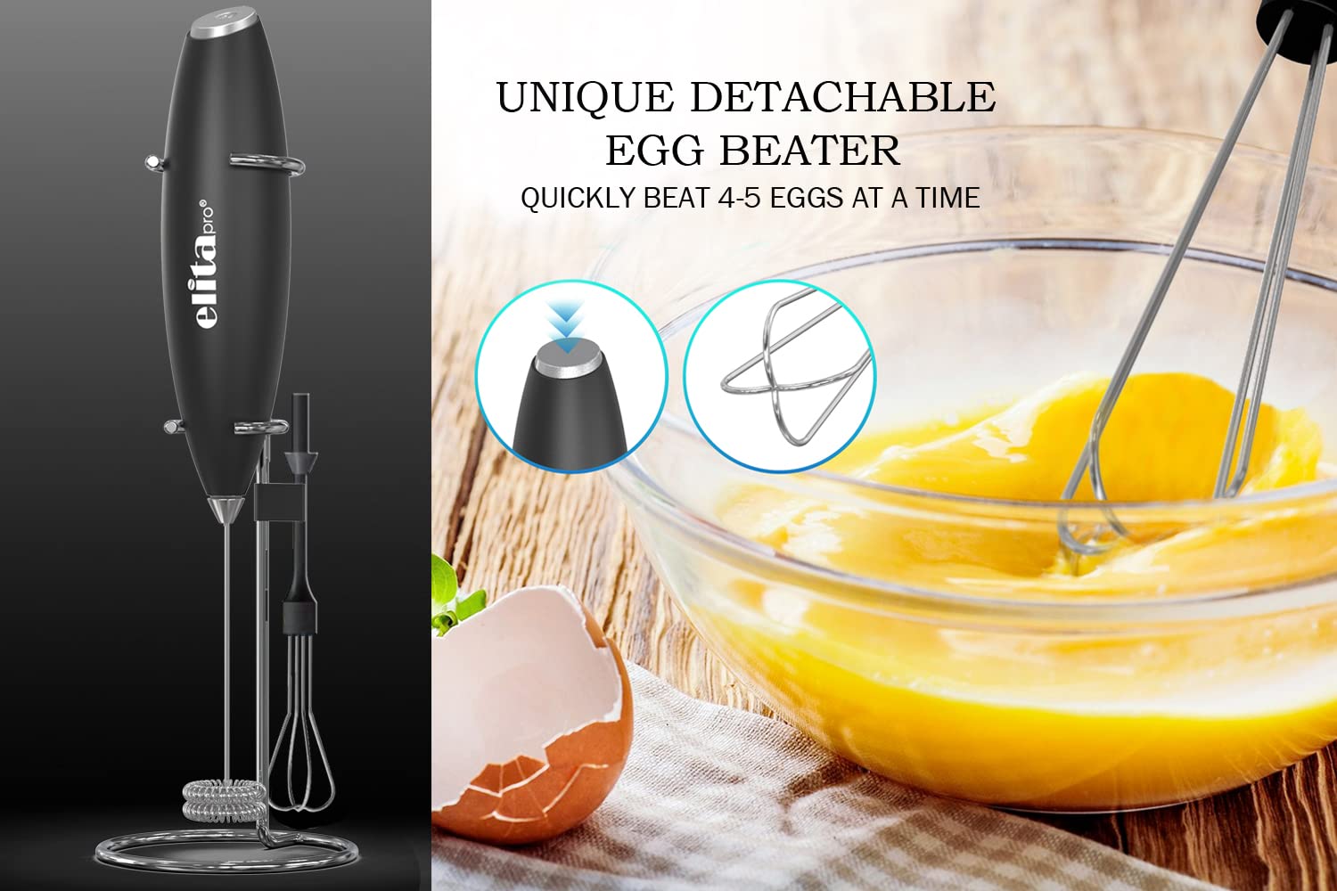 ElitaPro ULTRA-HIGH-SPEED 19,000 RPM, Milk Frother DOUBLE WHISK, Unique Detachable EGG BEATER and STAND For quick preparation (Black)