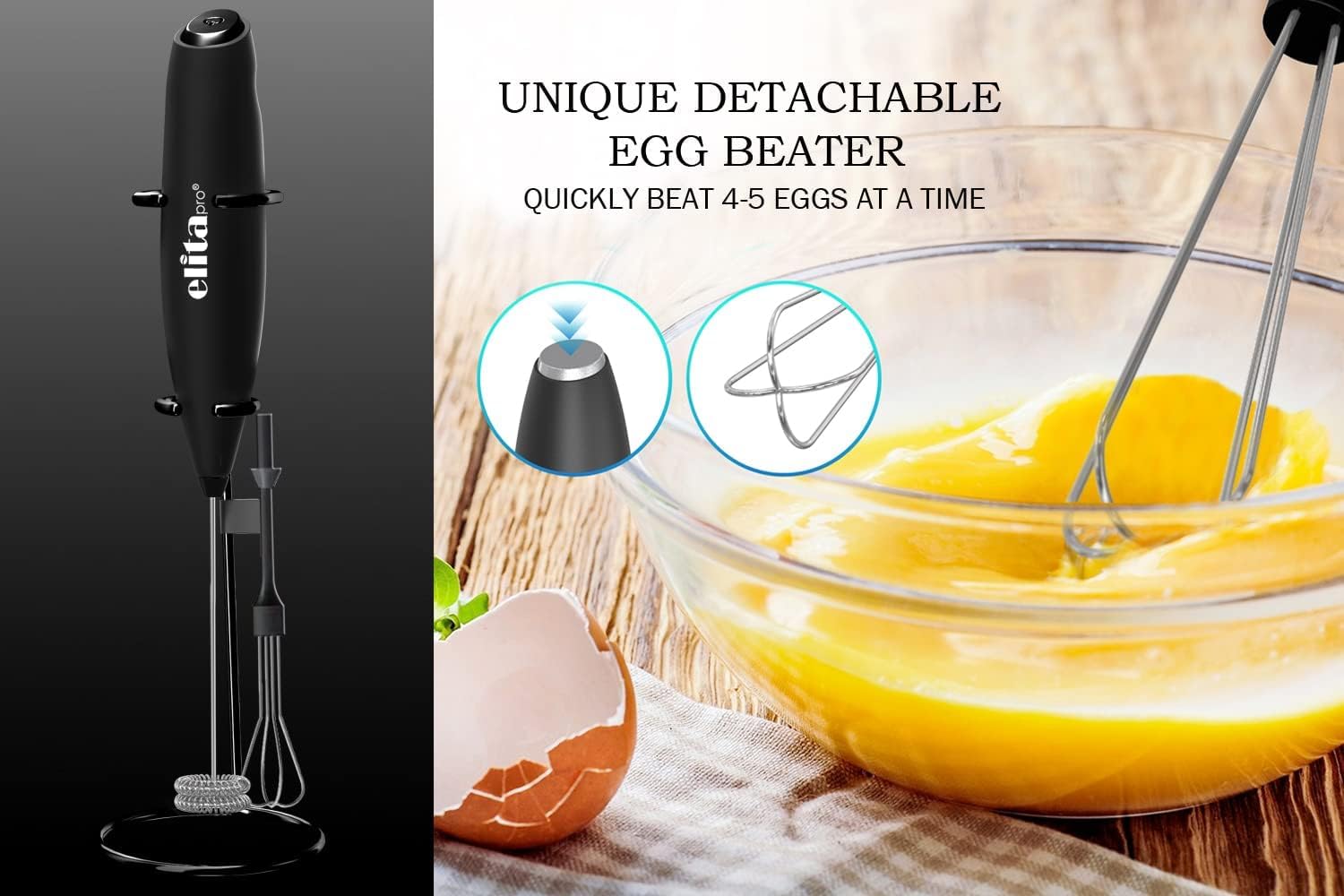 ElitaPro ULTRA-HIGH-SPEED 19,000 RPM, Milk Frother DOUBLE WHISK, Unique Detachable EGG BEATER and STAND For quick preparation (Black)