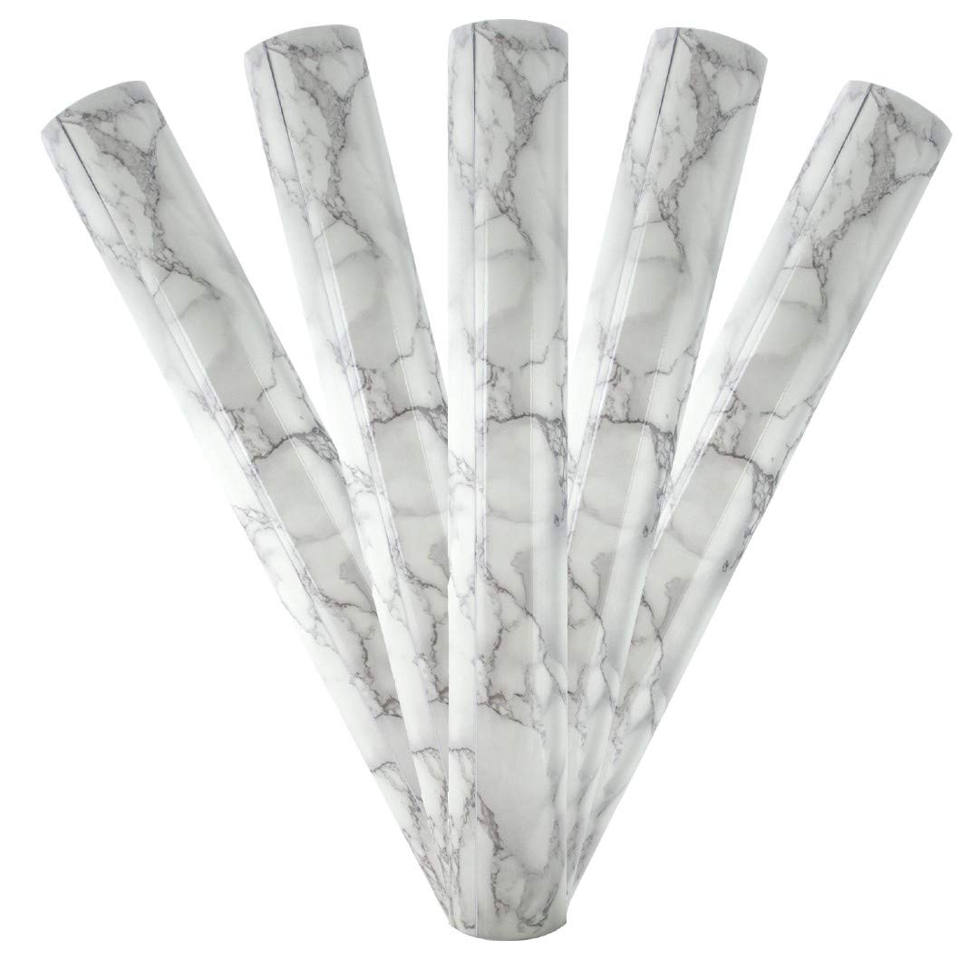 Craftopia Adhesive Craft Vinyl Roll | White Marble Vinyl, Bamboo, Wood Grain | Various Sizes & Designs (White/Gray Marble Vinyl Adhesive Pack of 5).