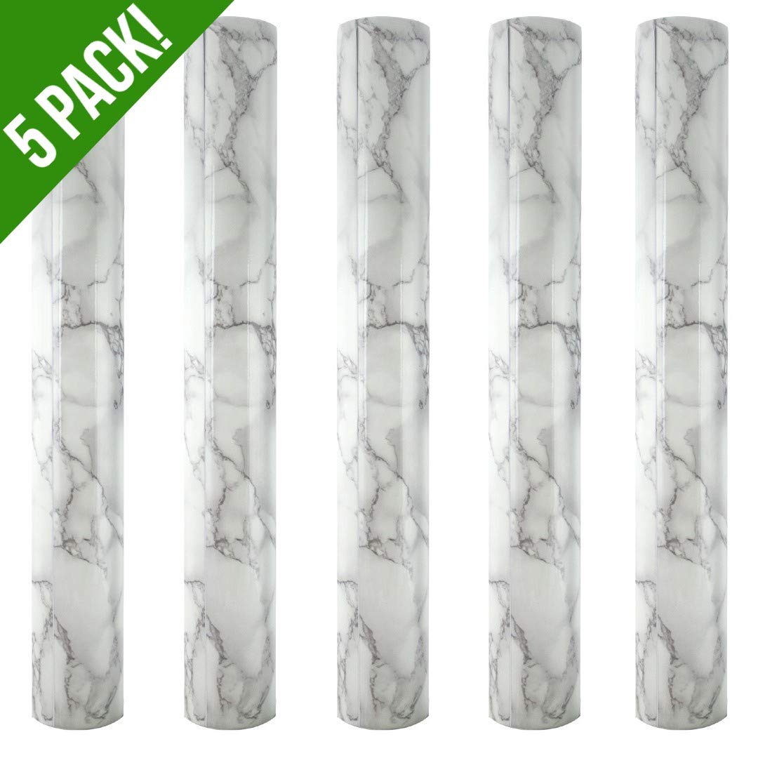 Craftopia Adhesive Craft Vinyl Roll | White Marble Vinyl, Bamboo, Wood Grain | Various Sizes & Designs (White/Gray Marble Vinyl Adhesive Pack of 5).