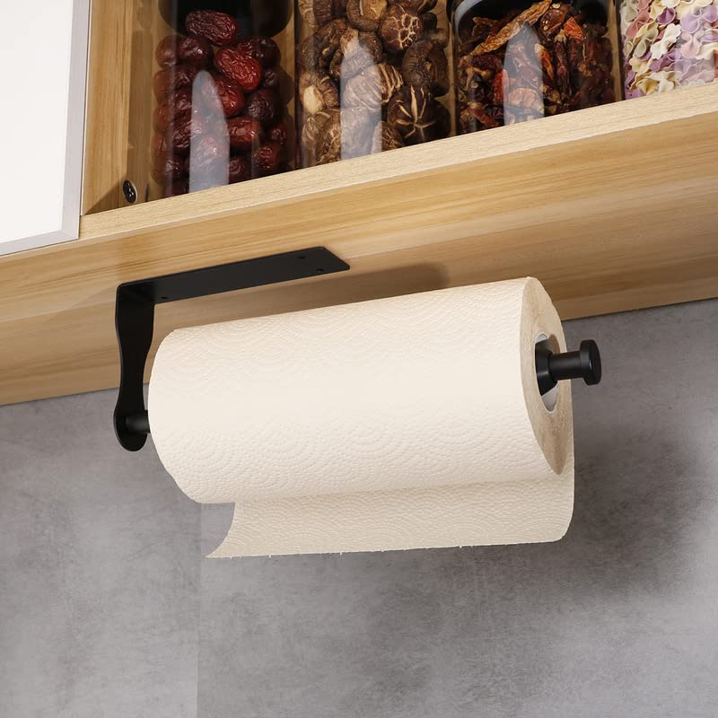 Dmjxi Paper Towel Holder, Single Hand Operable Paper Towel Holder Under Cabinet with Damping for Kitchen Bathroom, Adhesive Paper Towel Holder Countertop Paper Roll Holder Wall Mount (Black)