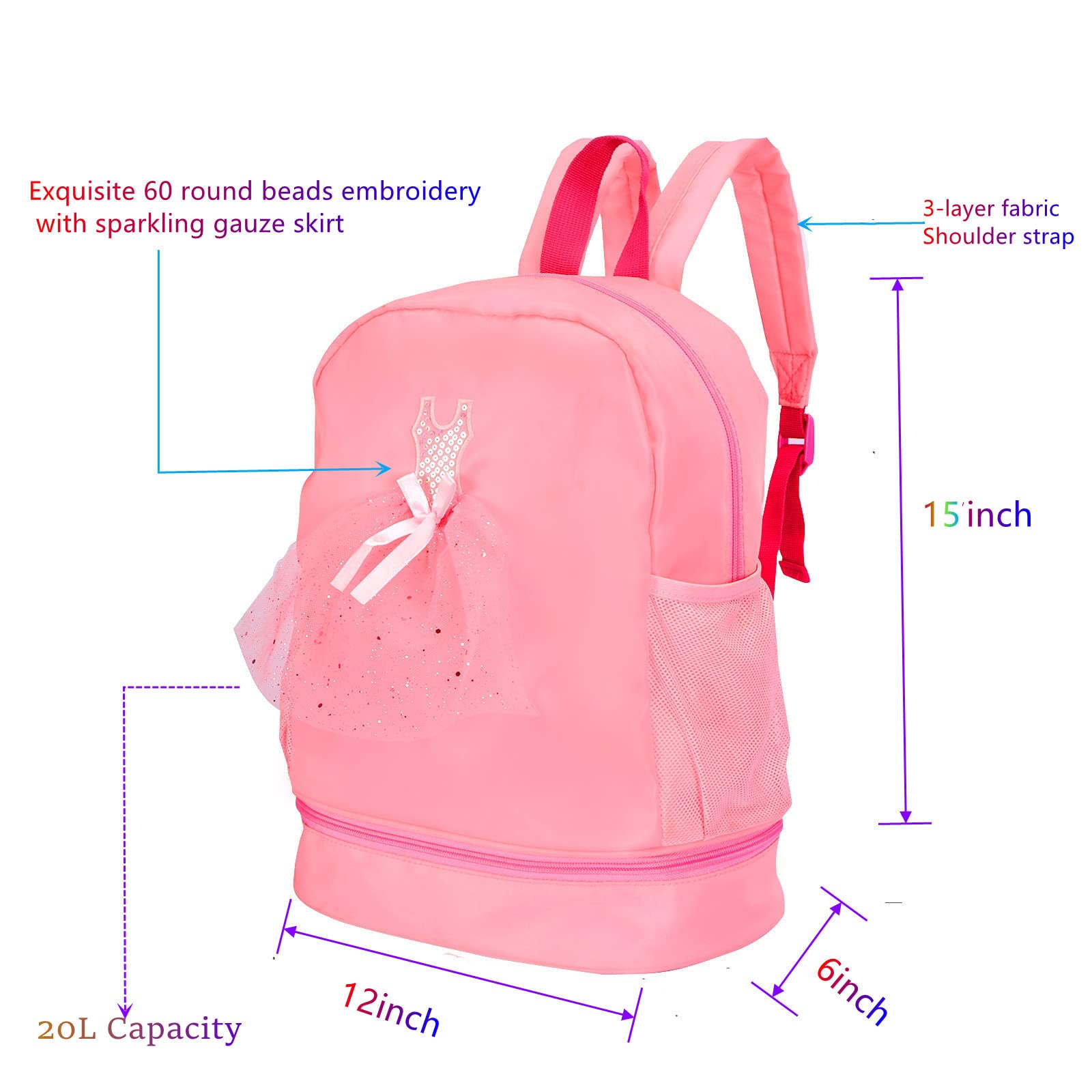 WUHBJJXY,20L, PREMIUM, MULTIFUNCTIONAL,DURABLE,Large Sized PINK KID Dance bag with Shoe Compartment and Wet and Dry separation features,Ballet bag,Dance backpack