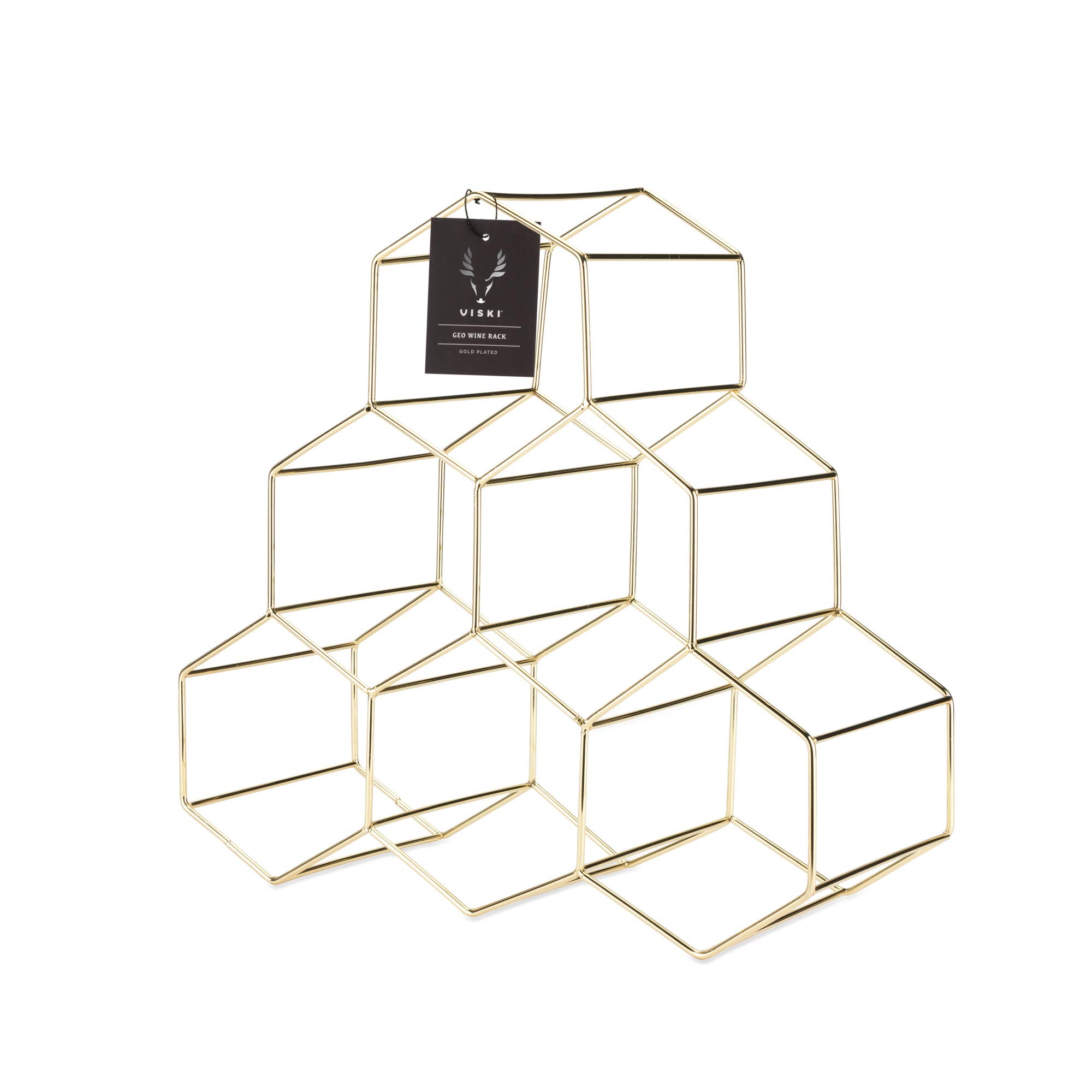 Viski Geo Set of 1 Freestanding Racks & Cabinets, Holds 6 Bottles, Countertop Wine Rack, 14.25", Gold-Plated