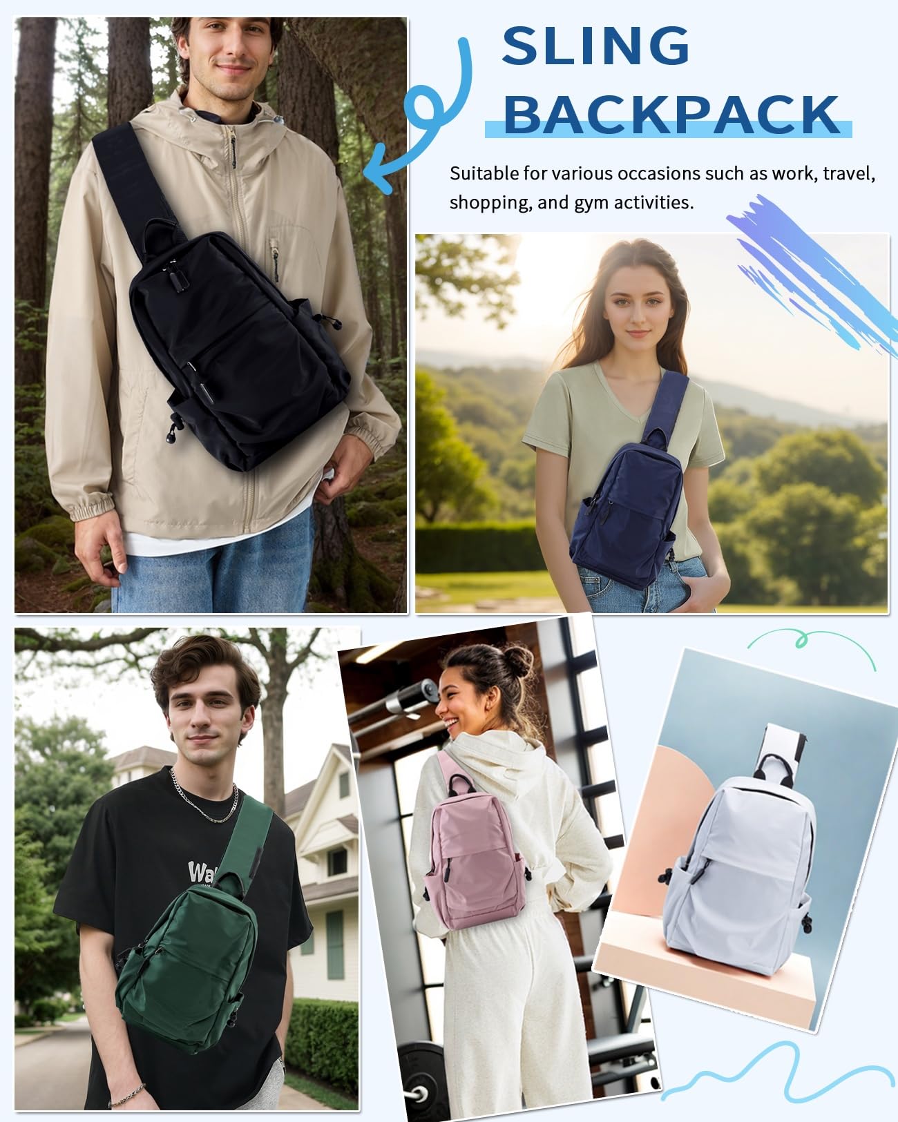 Men Women Sling Bag Backpack Lightweight Water Resistant Small Chest Shoulder Crossbody Bags for Walking Travel Cycling Black