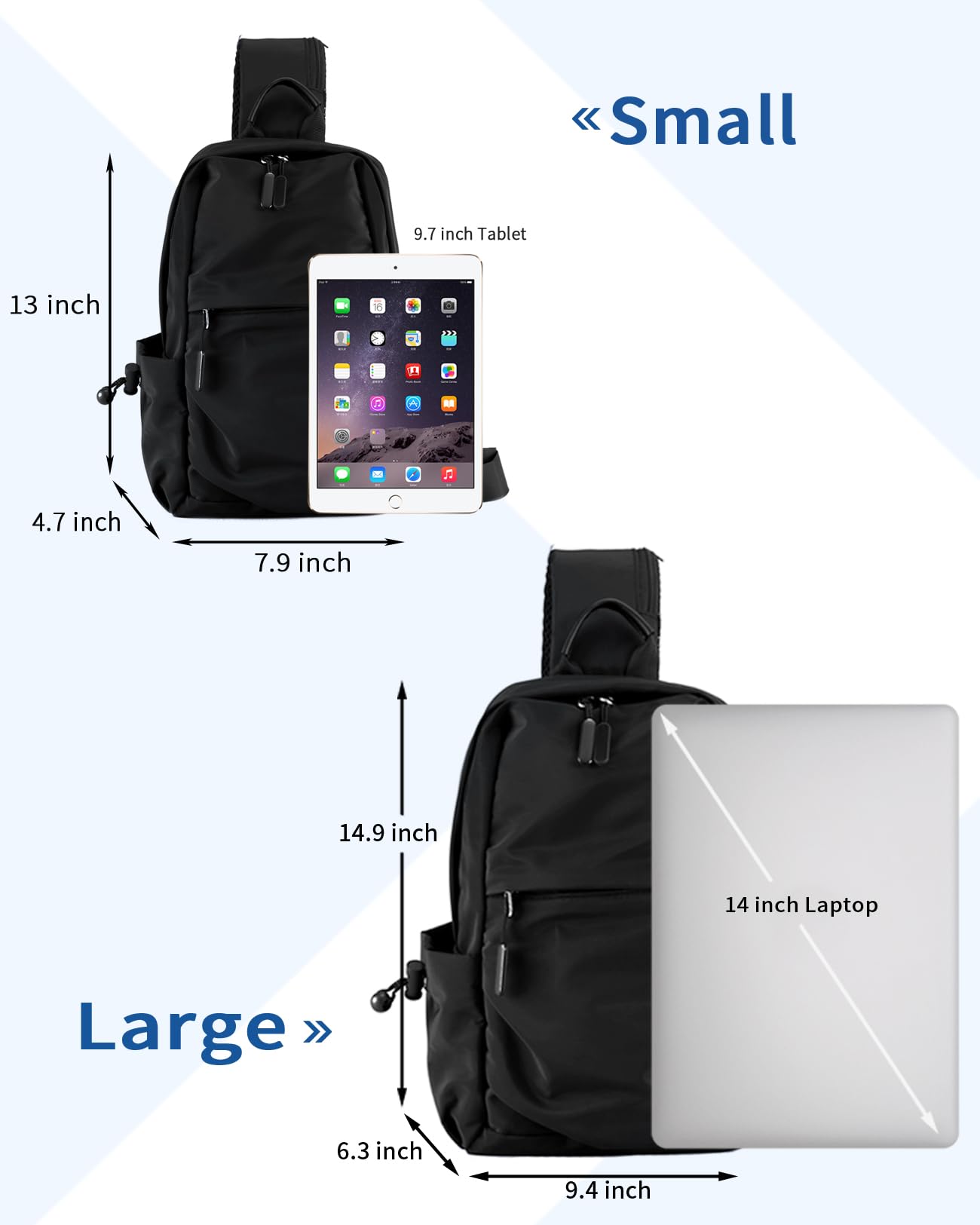 Men Women Sling Bag Backpack Lightweight Water Resistant Small Chest Shoulder Crossbody Bags for Walking Travel Cycling Black