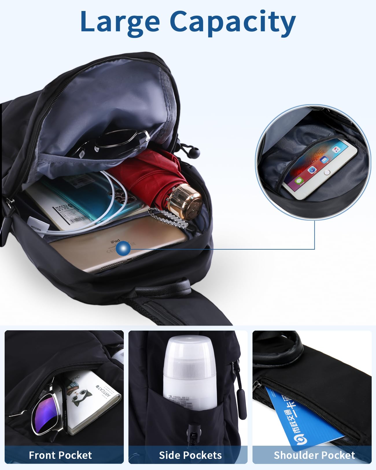 Men Women Sling Bag Backpack Lightweight Water Resistant Small Chest Shoulder Crossbody Bags for Walking Travel Cycling Black