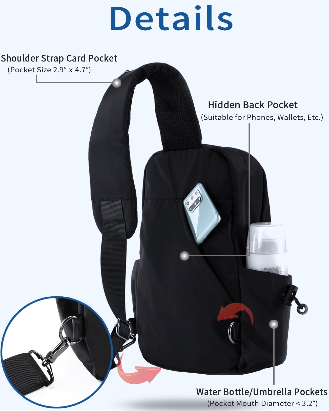 Men Women Sling Bag Backpack Lightweight Water Resistant Small Chest Shoulder Crossbody Bags for Walking Travel Cycling Black