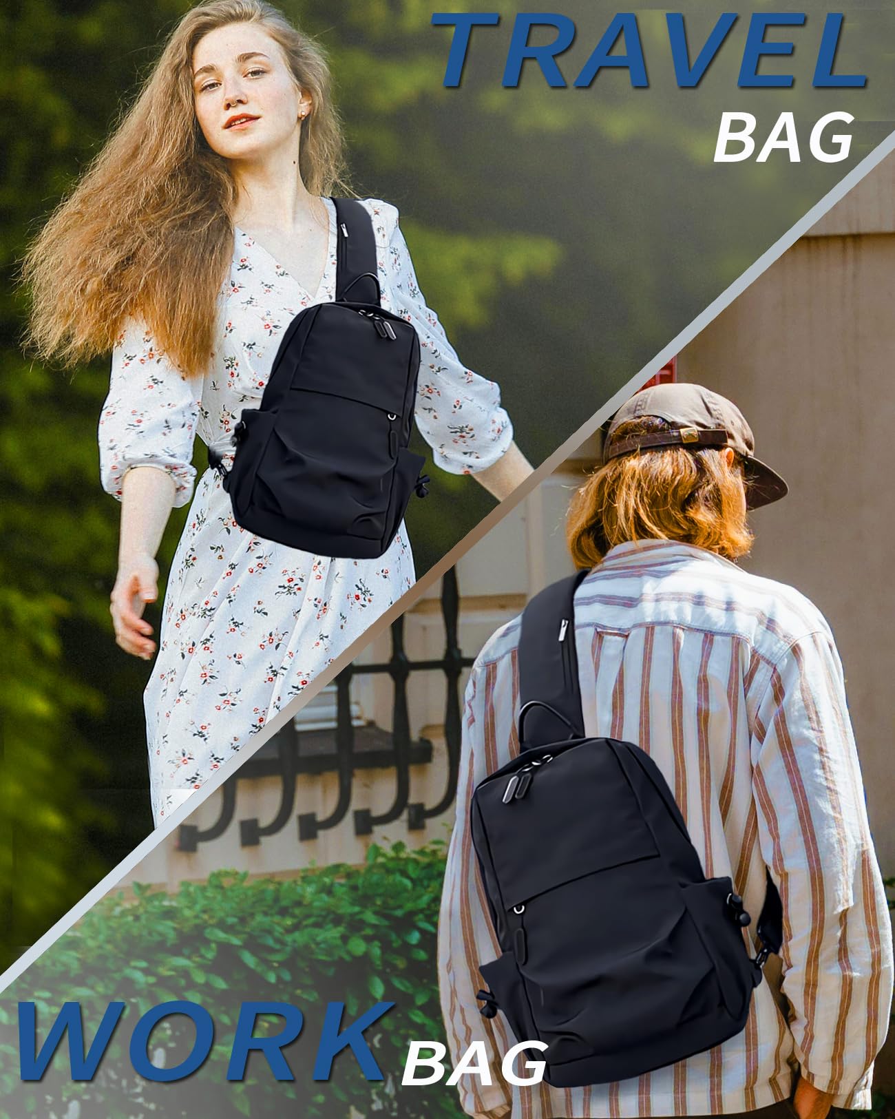 Men Women Sling Bag Backpack Lightweight Water Resistant Small Chest Shoulder Crossbody Bags for Walking Travel Cycling Black