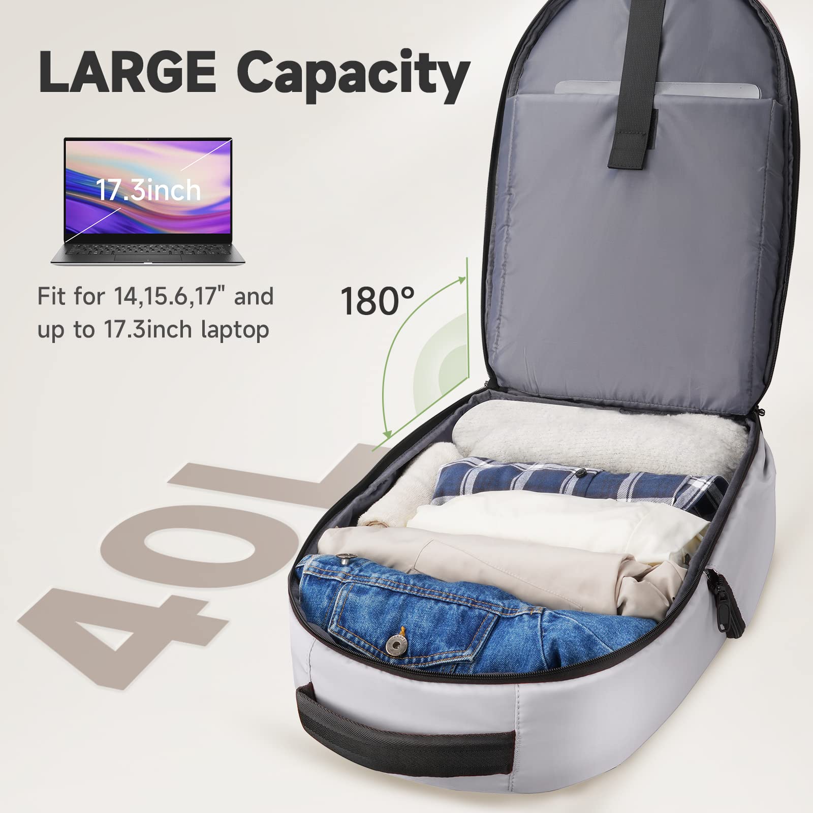 Travel Backpack for Men Women, 40L Carry On Backpack Flight Approved, TSA Suitcase Luggage Backpack for Weekender Business Trips, College School Bag for 15.6 17in Laptop, Grey