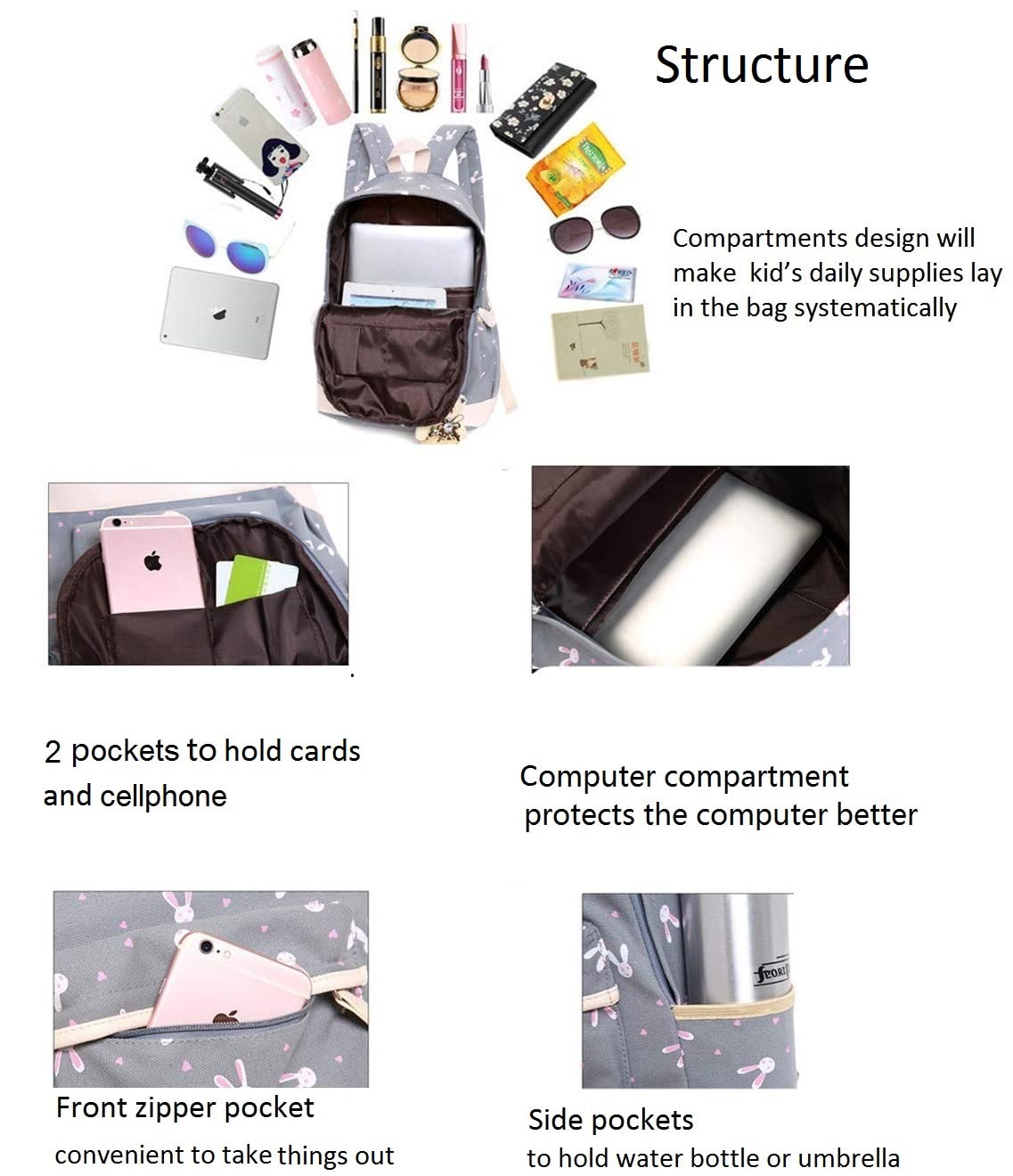 3Pcs Rabbit-Print Girls School Backpack for Elementary Middle Kids Bookbag with Pencil Case