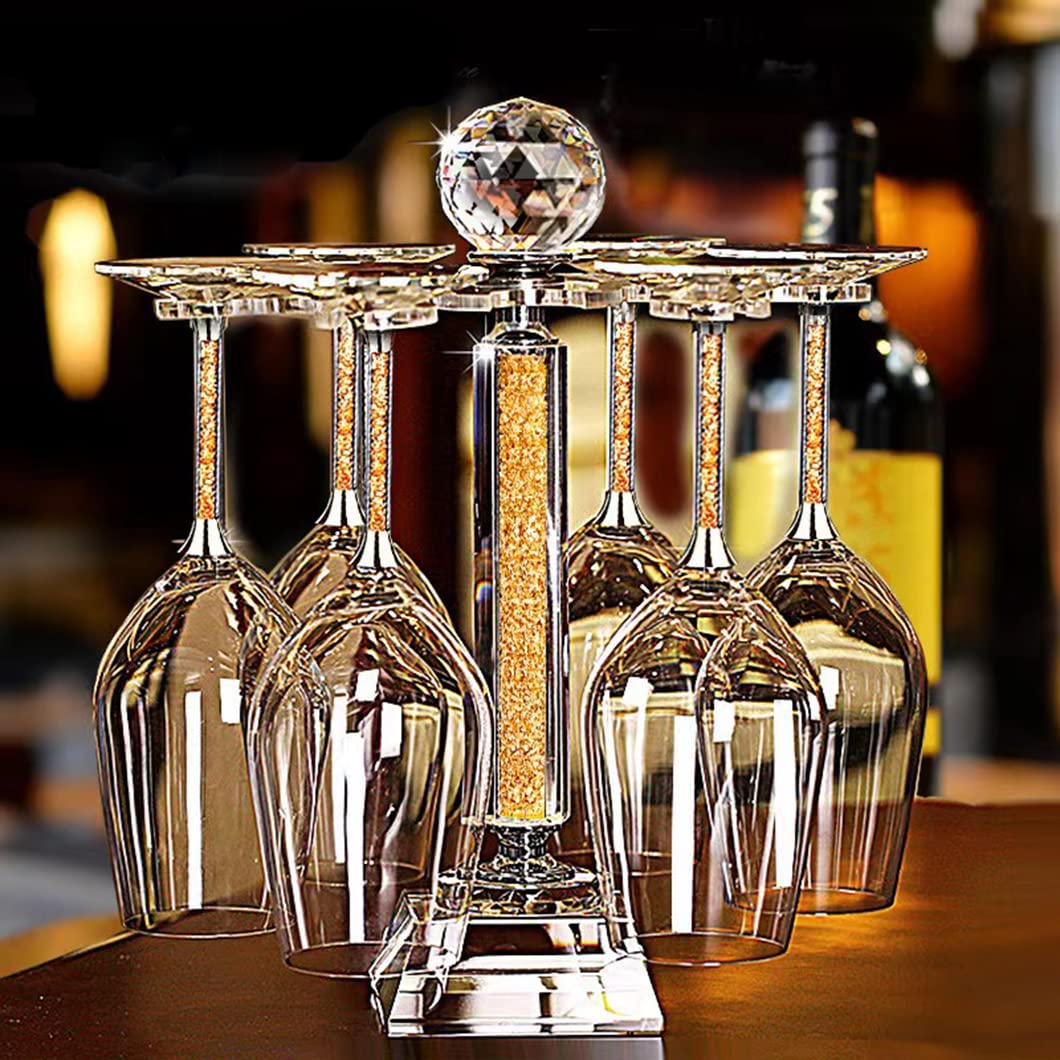 Elegant Desktop Crystal Glass Stemware Rack/Rotate 8 Wine Glass Storage Holder Stand Air Drying Rack (Gold)