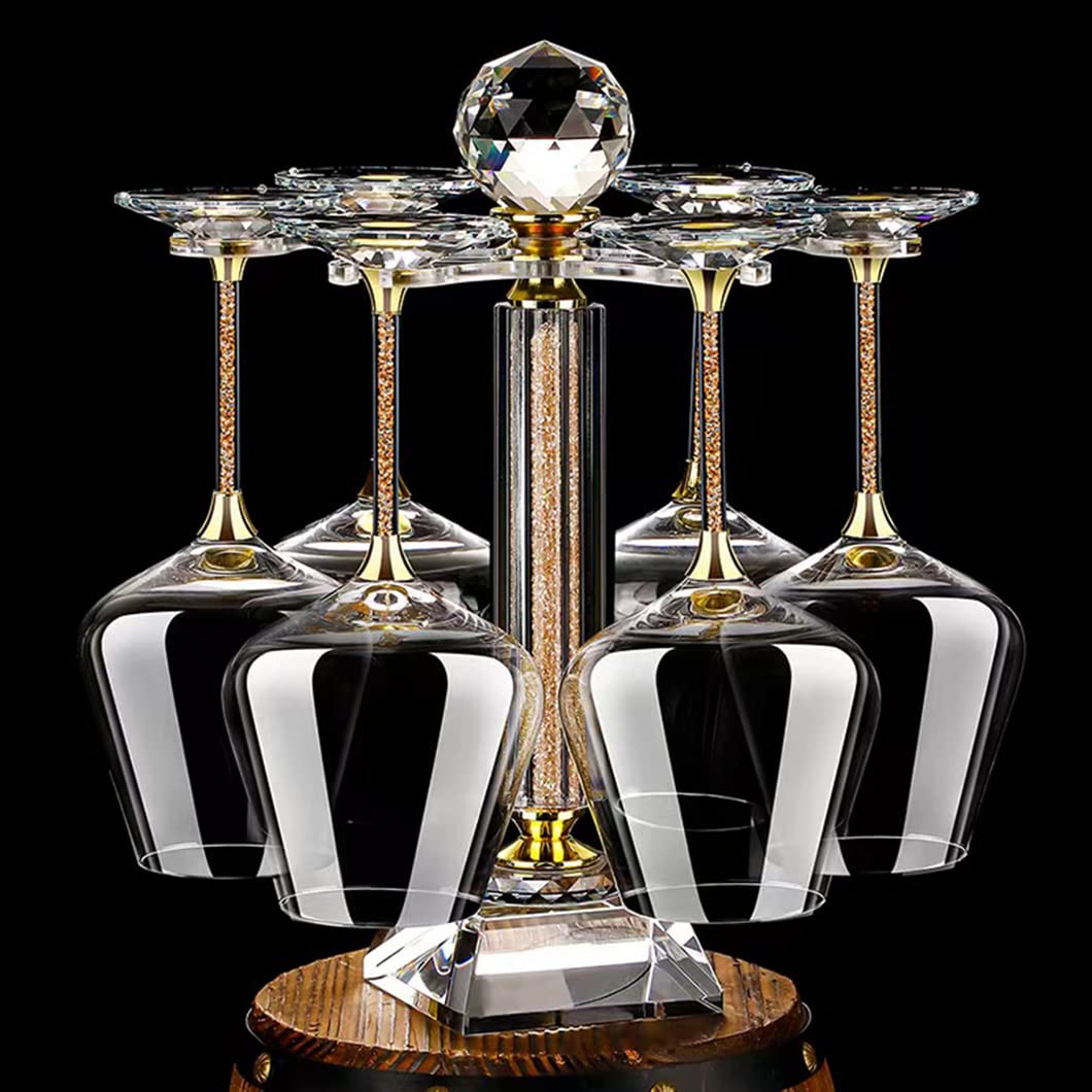 Elegant Desktop Crystal Glass Stemware Rack/Rotate 8 Wine Glass Storage Holder Stand Air Drying Rack (Gold)