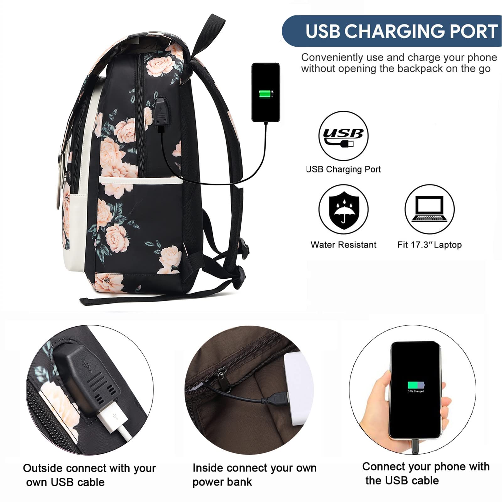 Nazoelly Floral Laptop Backpack,College School Backpack with USB Charging Port